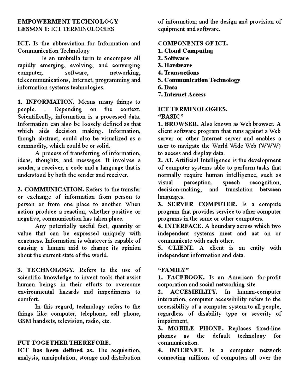 Empowerment - EMPOWERMENT TECHNOLOGY LESSON 1: ICT TERMINOLOGIES ICT ...