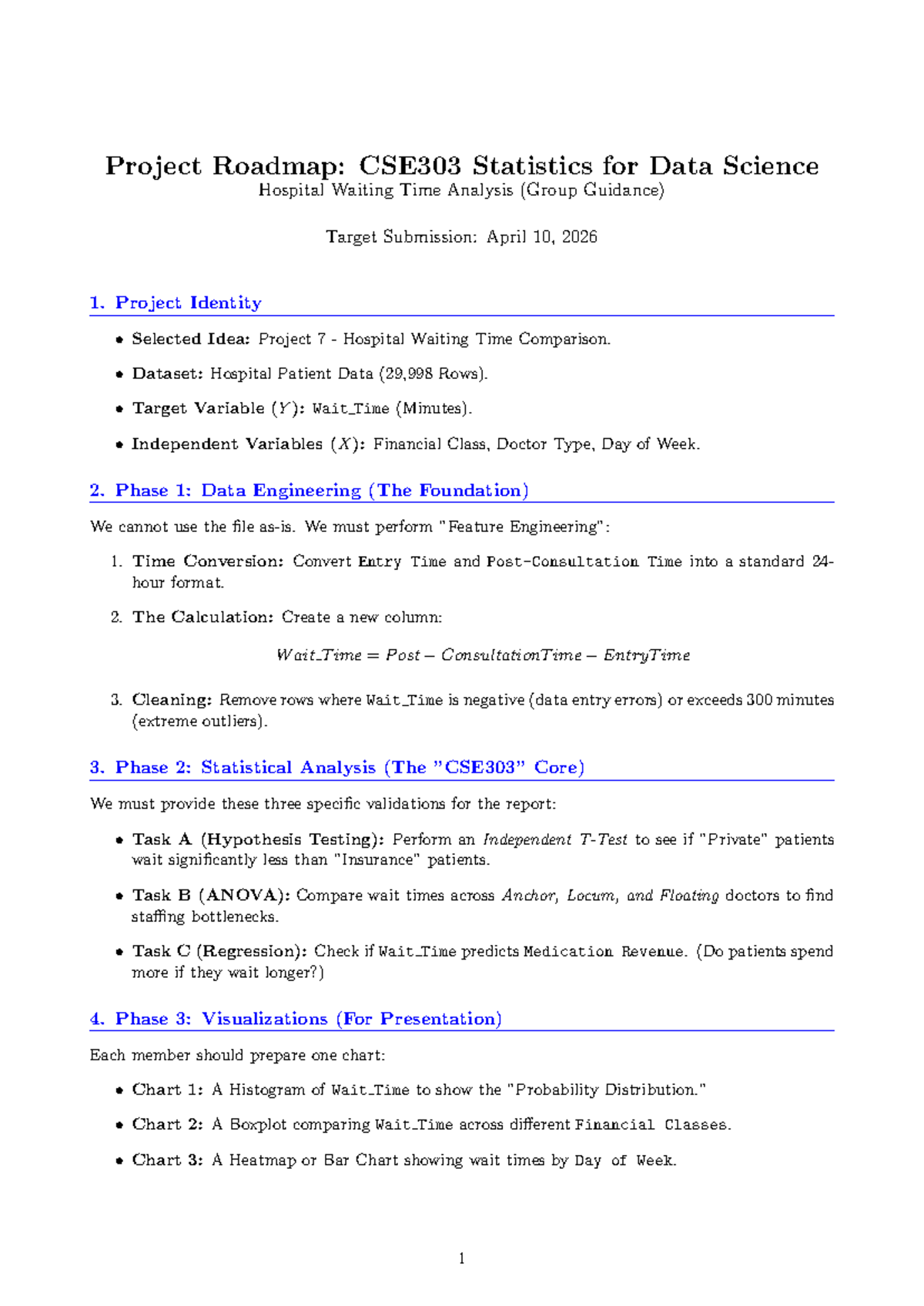 CSE303 Project Roadmap: Hospital Waiting Time Analysis Guide - Studocu