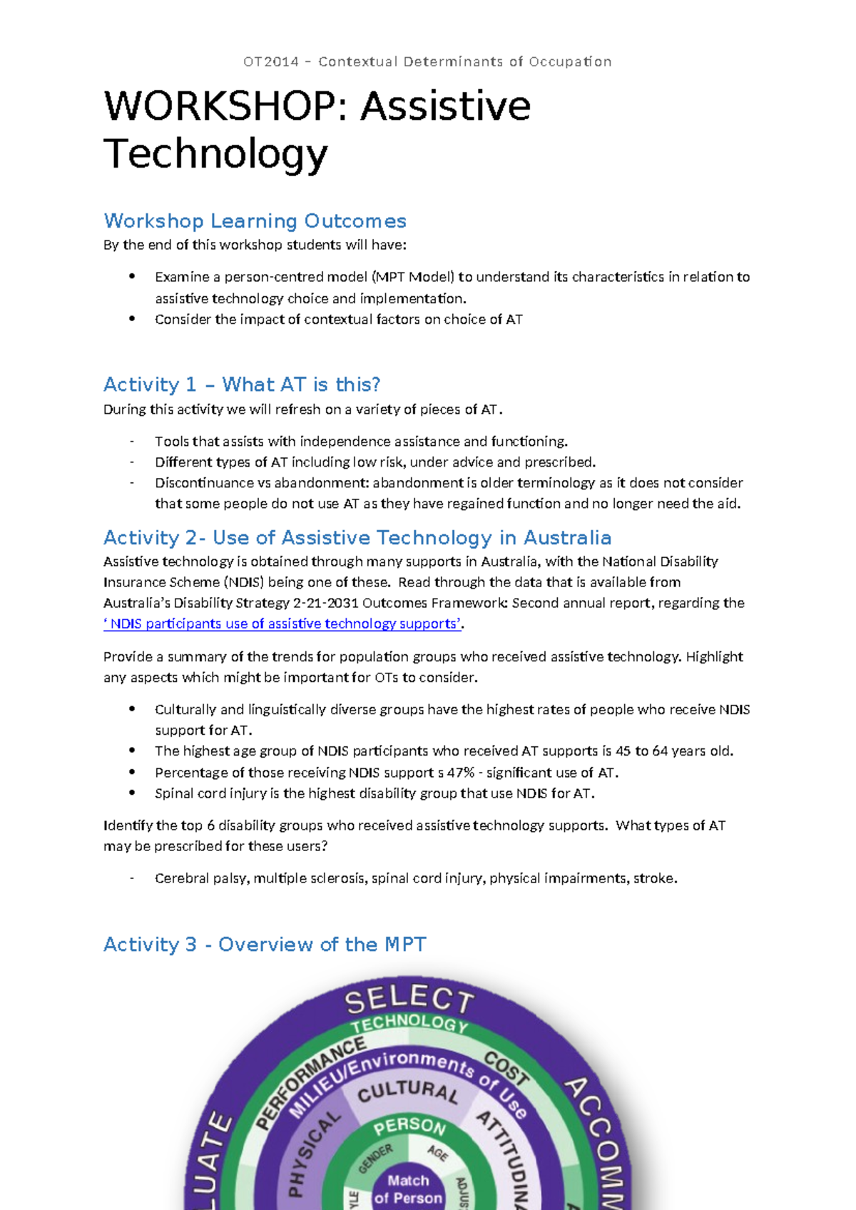 OT2014 Tutorial Week 4 - Assistive Technology - Student Workbook (2024 ...