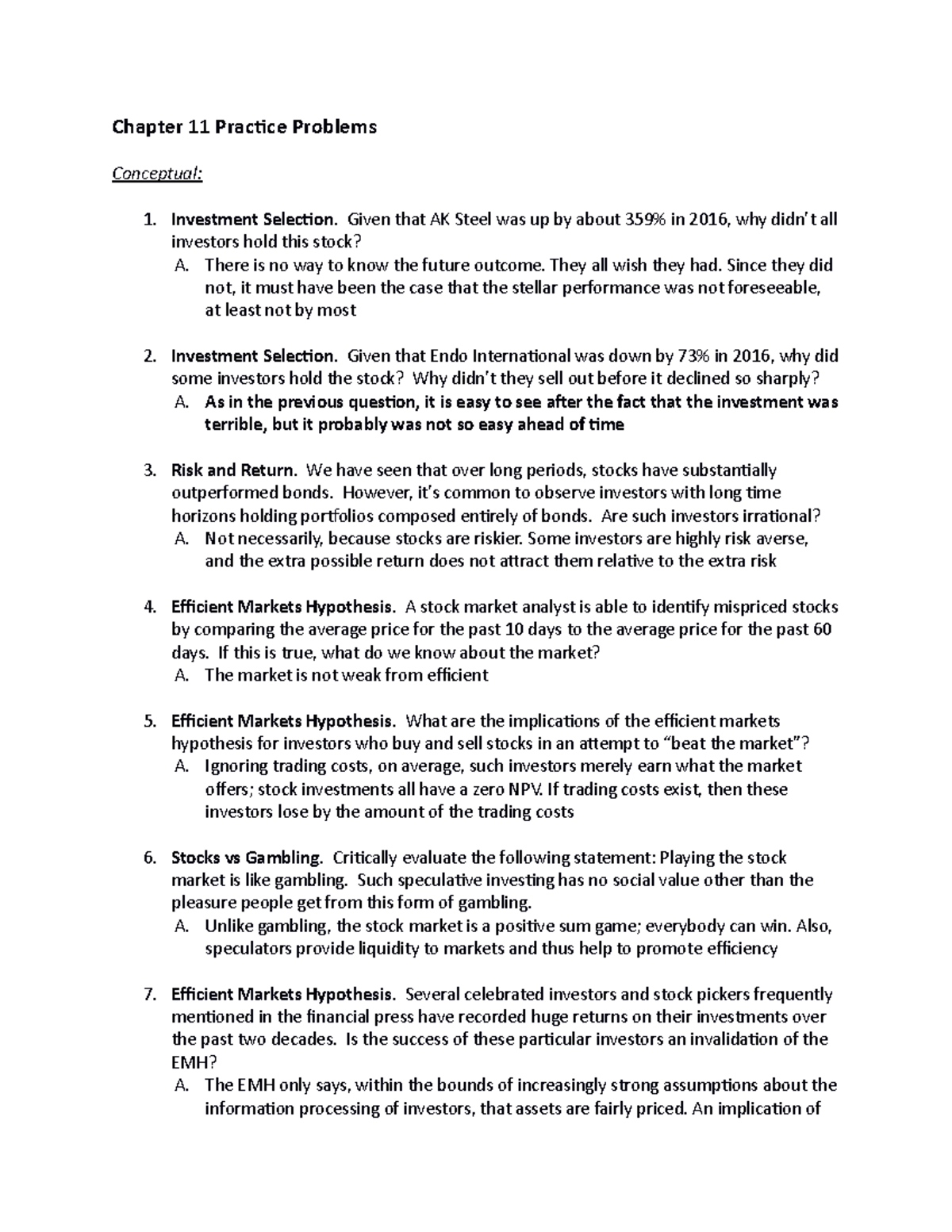 Chapter 11 Practice Problems - Chapter 11 Practice Problems Conceptual: Investment Selection ...