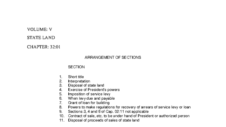 State Land Act - VOLUME: V STATE LAND CHAPTER: 32: ARRANGEMENT OF ...
