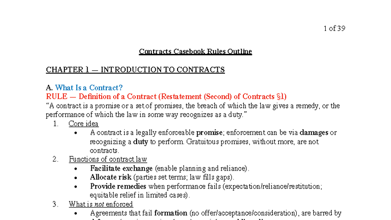 Contracts Rule Outline: Chapter 1 - Introduction to Contracts - Studocu
