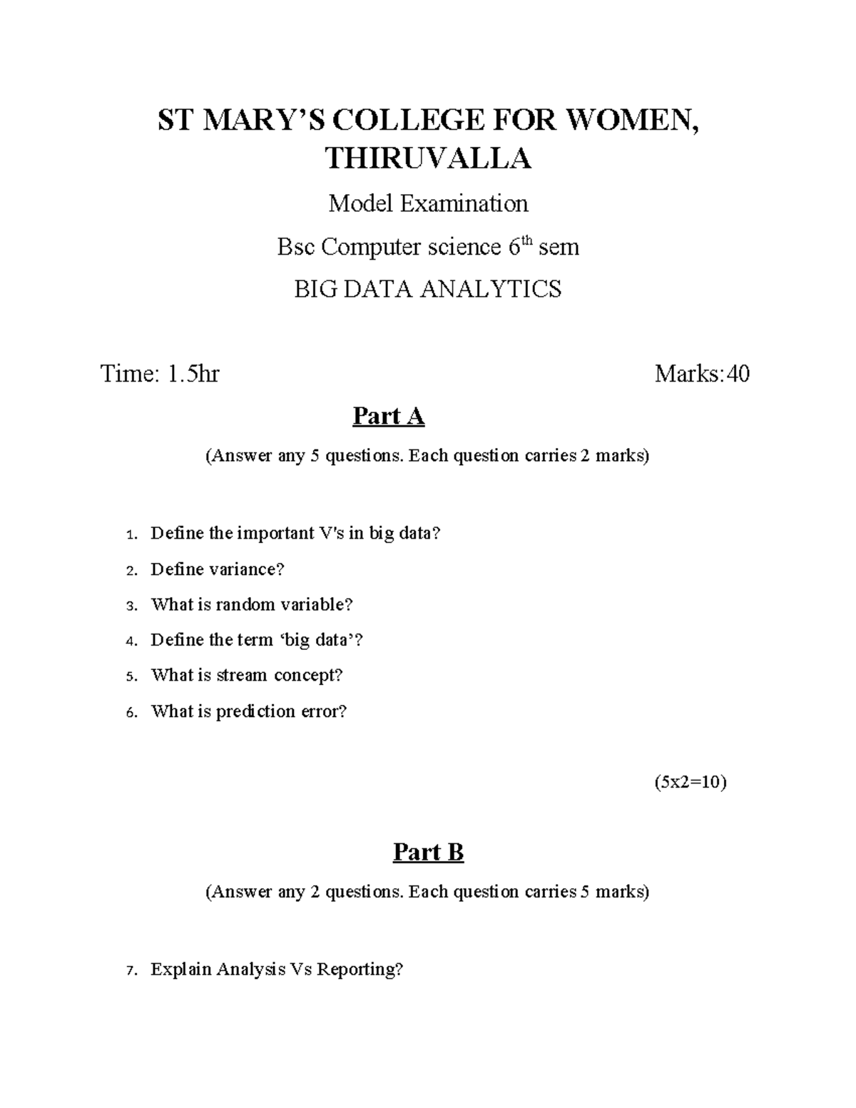 BSc CS 6th Sem Model Exam: Big Data Analytics Questions - Studocu