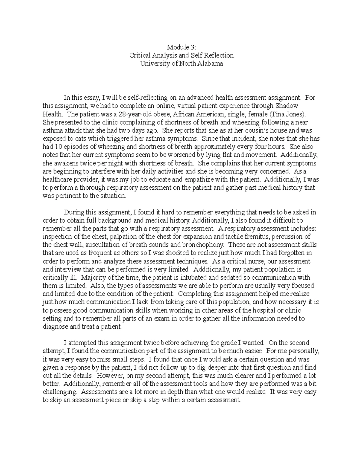 NU 508 Shadow Health Neurological Self-Reflection - Assessment data is ...