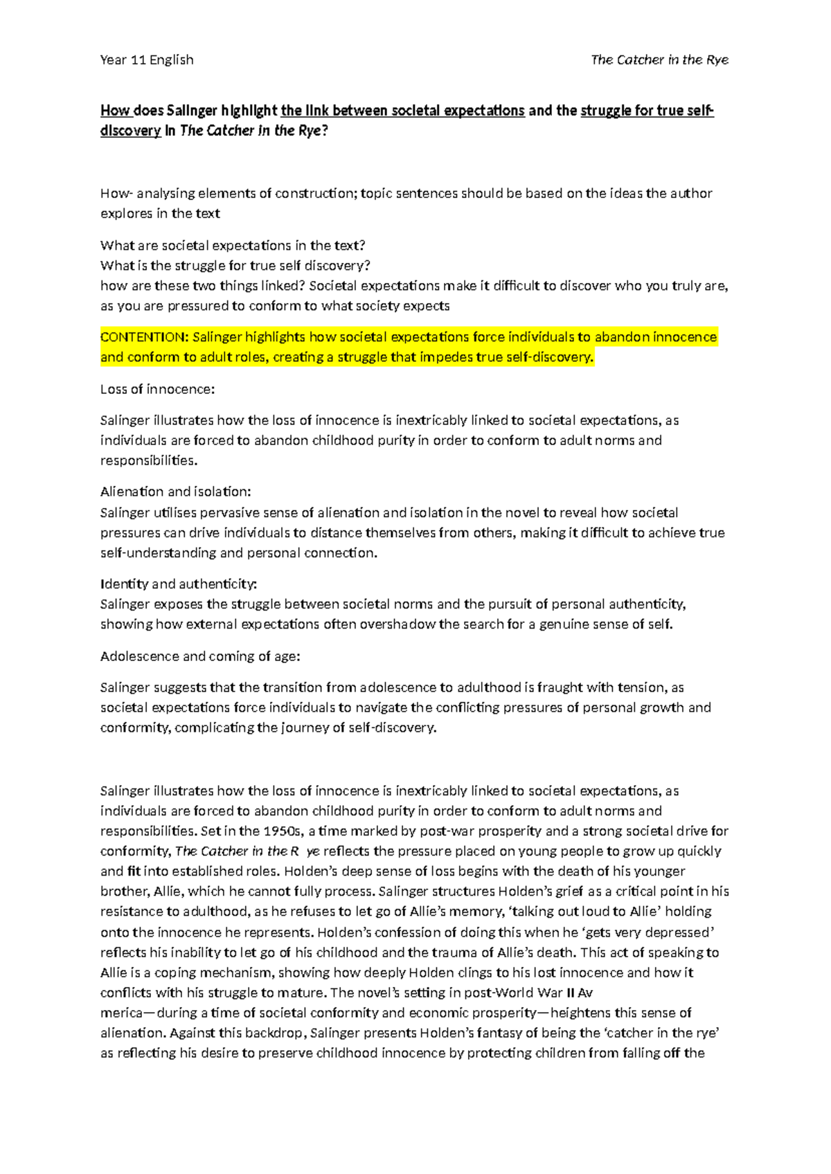 Year 11 English Essay Notes: Societal Expectations & Self-Discovery in ...