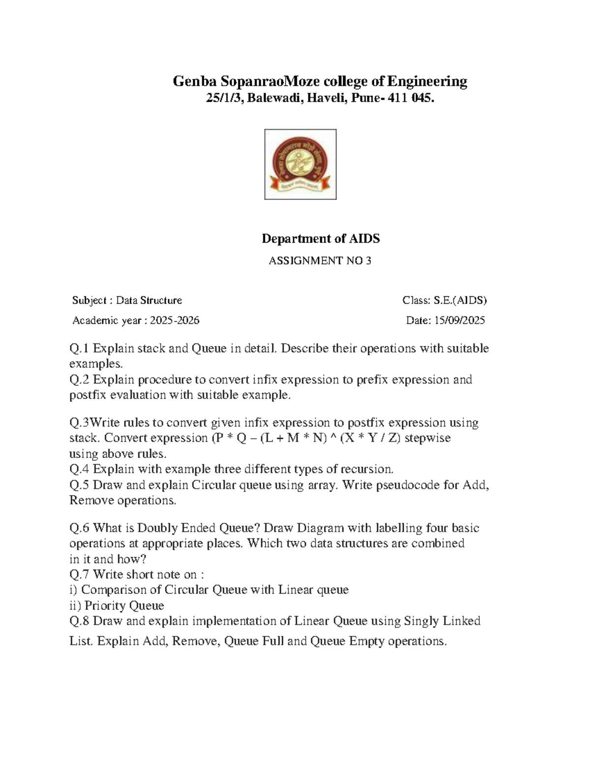 DS Assignment No. 3 - Stack, Queue & Recursion Concepts - Studocu