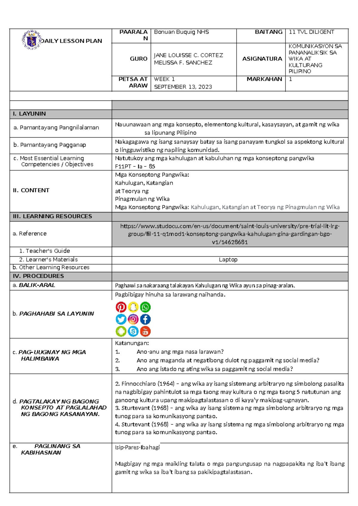 Kpwkp-Q1-WEEK 1-DAY 2 - DLL 3: Daily Lesson Plan for TVL Diligent - Studocu