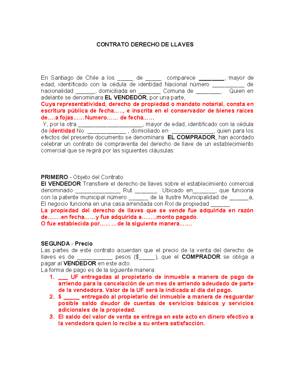 Venta Derecho de Llaves - CONTRATO DERECHO DE LLAVES En Santiago de Chile a los _____ de ...