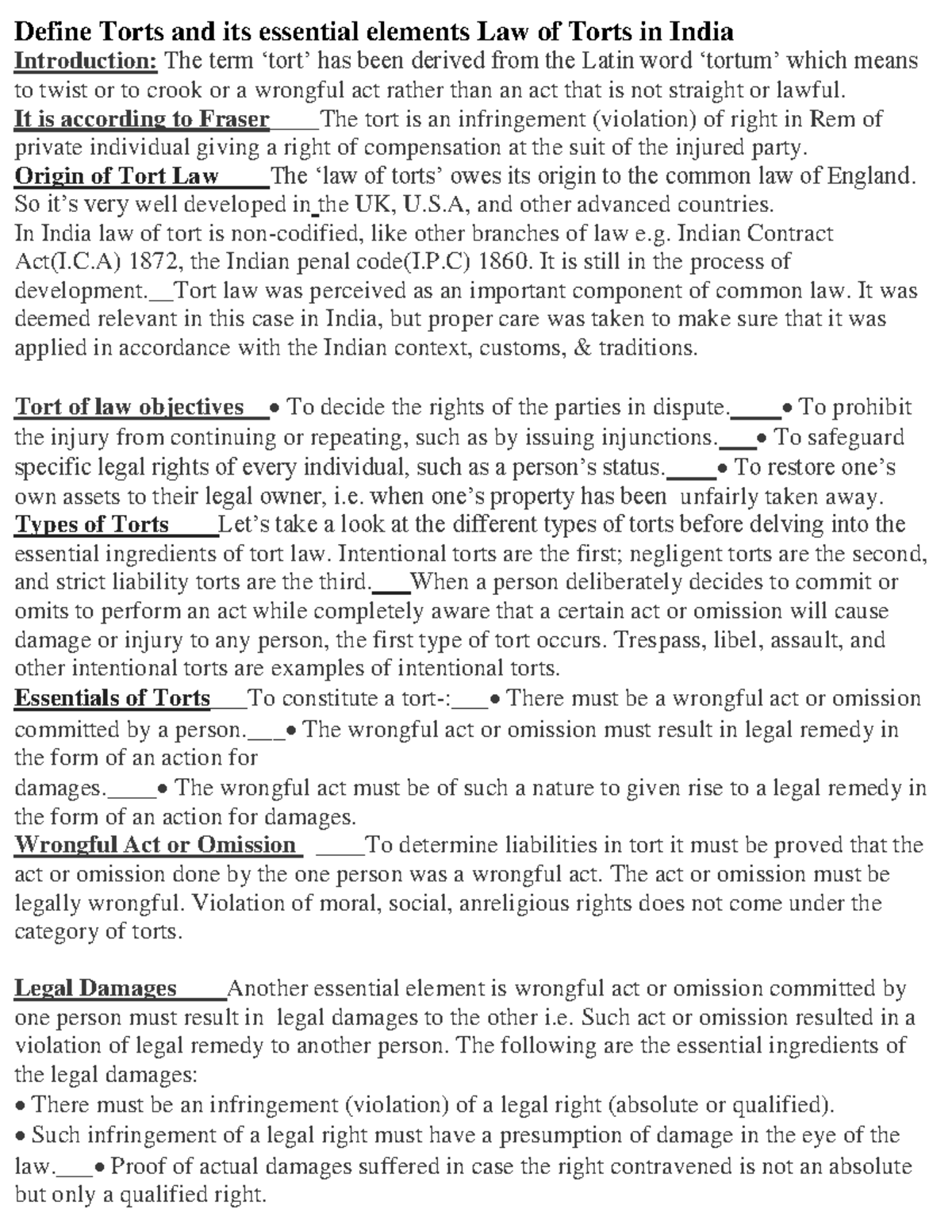 Torts 5 - Essential Elements and Principles of Tort Law in India - Studocu