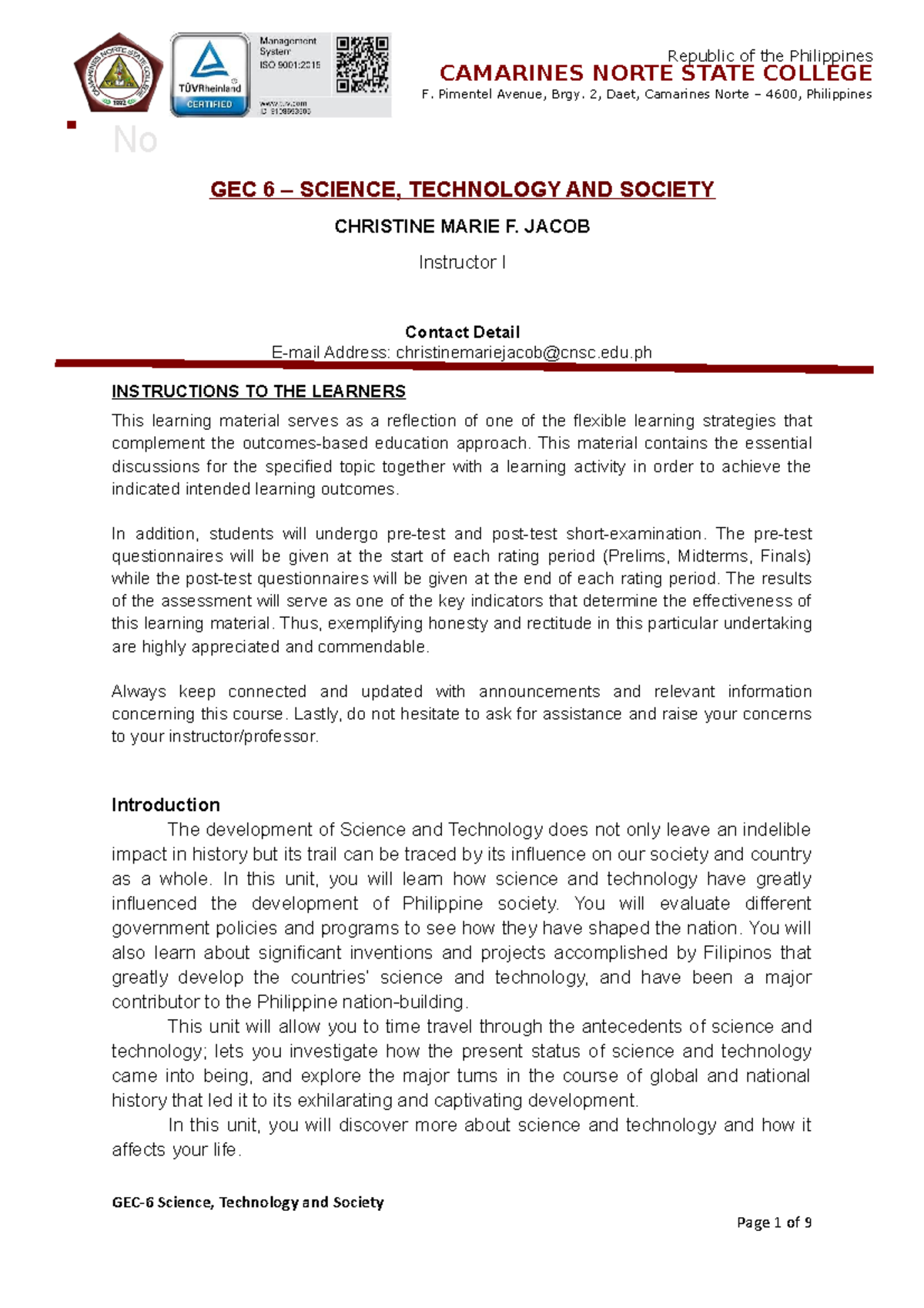 STS Lesson 1 Activity - practice materials - No GEC 6 – SCIENCE, TECHNOLOGY AND SOCIETY ...