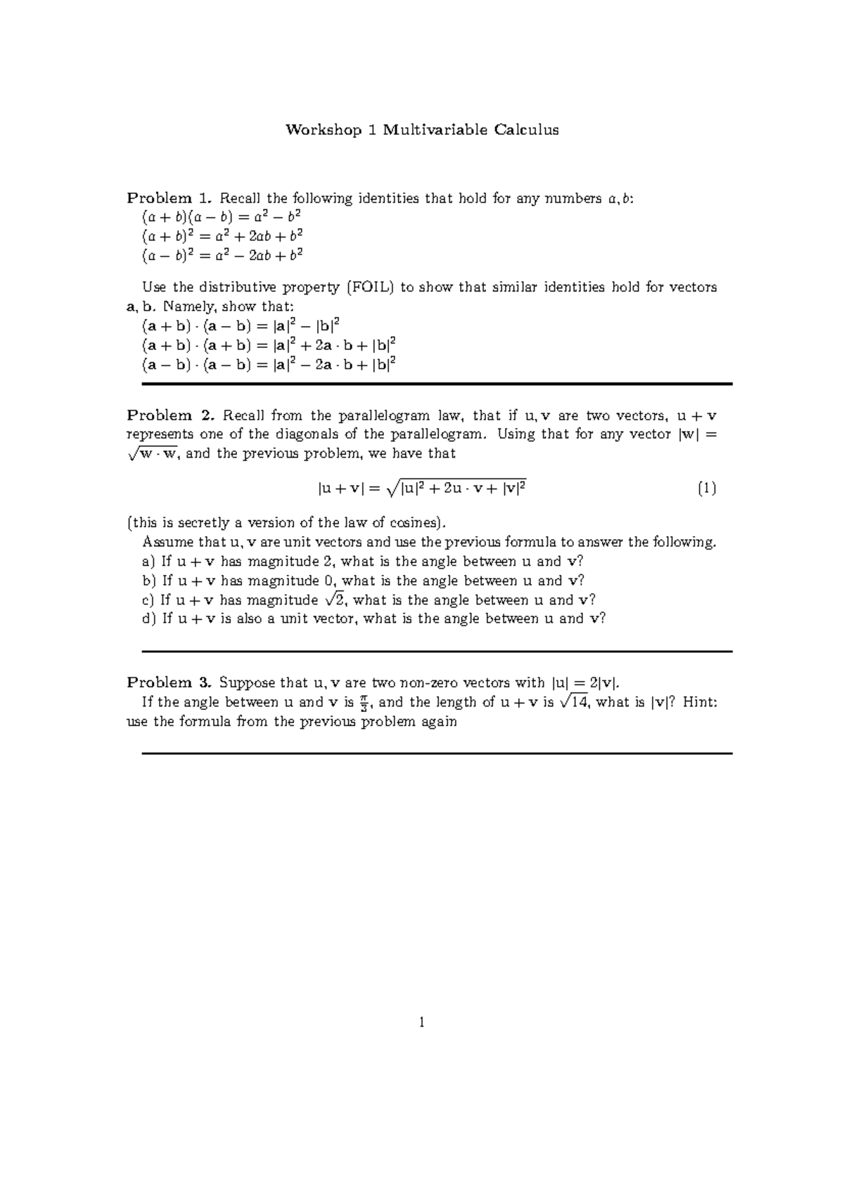 W1: Multivariable Calculus Workshop 1 Practice Problems - Studocu