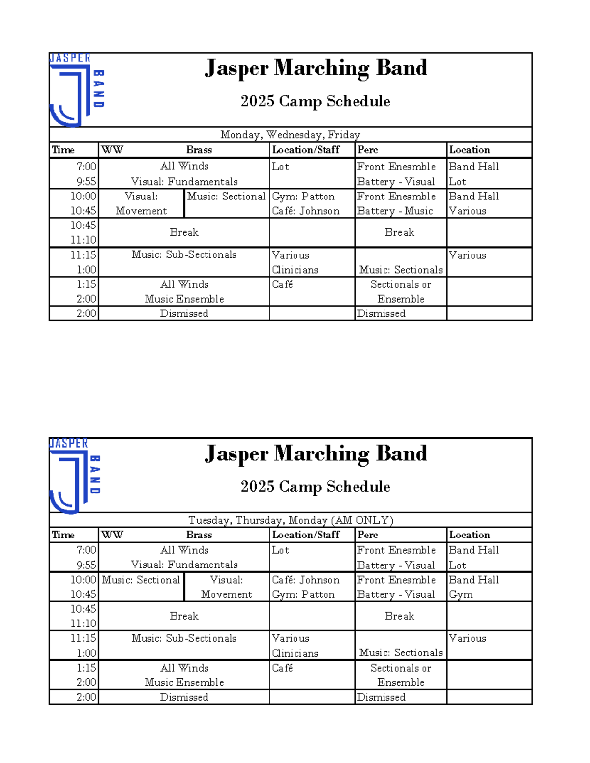 Jasper Marching Band Camp Schedule W1 2025 - Studocu
