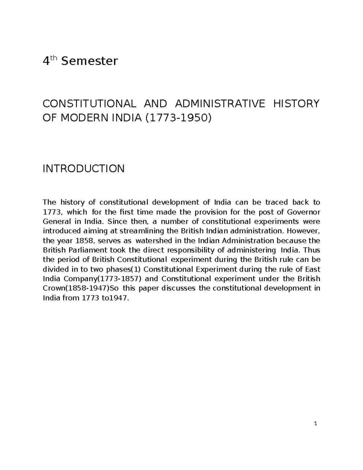 4th Semester Constitutional & Administrative History of Modern India ...