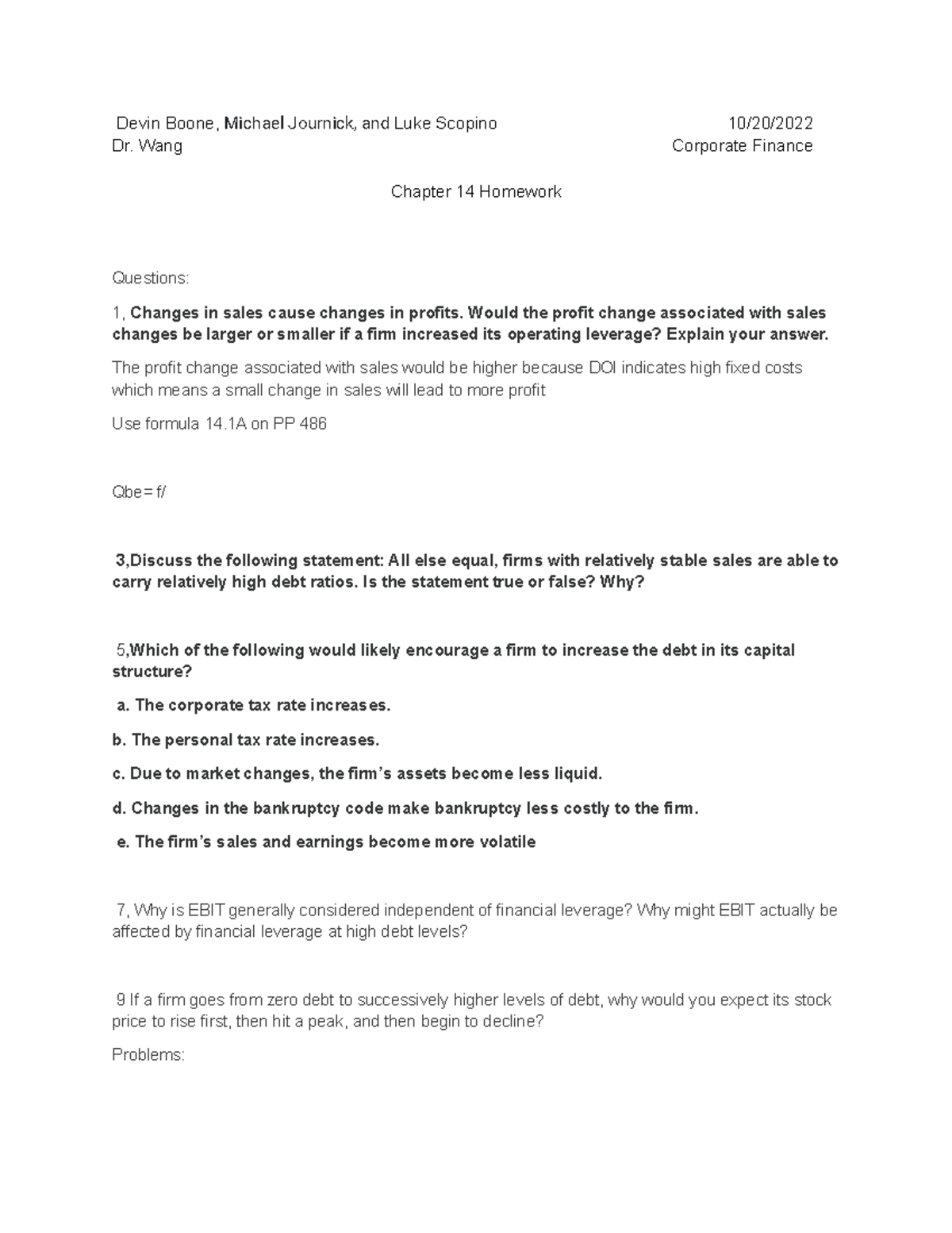 Chapter 14 Homework - Devin Boone, Michael Journick, and Luke Scopino ...