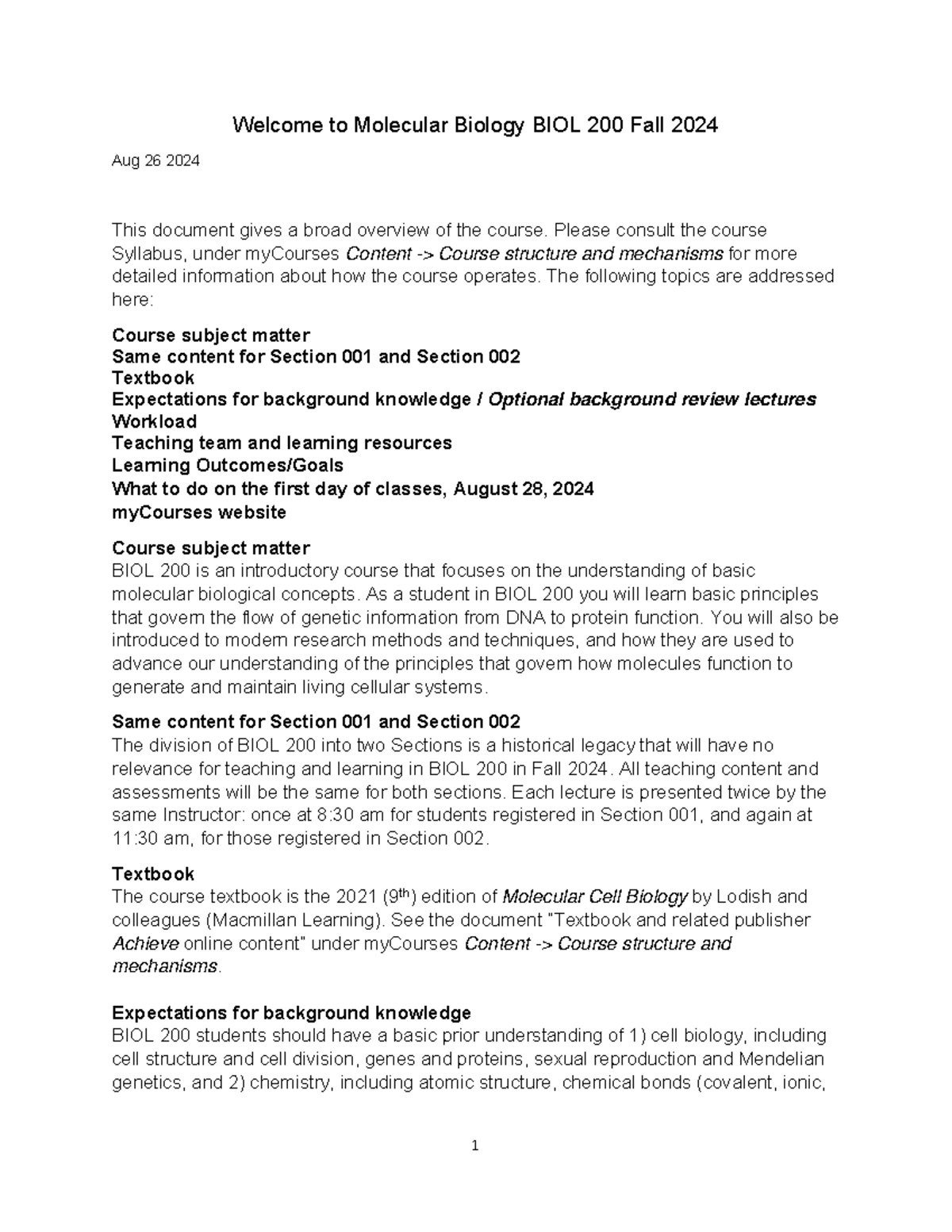 Welcome to BIOL 200: Intro to Molecular Biology Overview for Fall 2024 ...