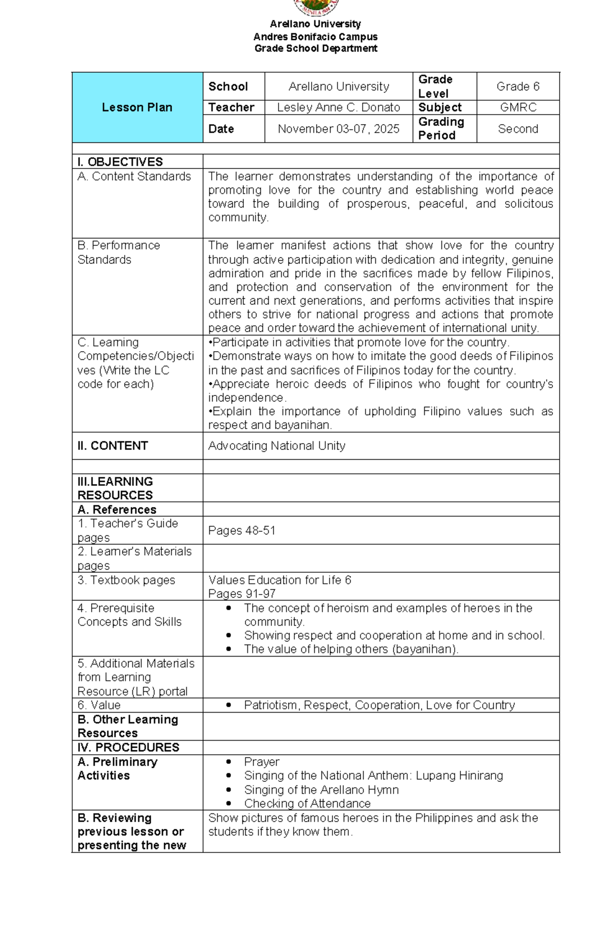 Arellano University Grade 6 Values Education Lesson Plan: Love for ...