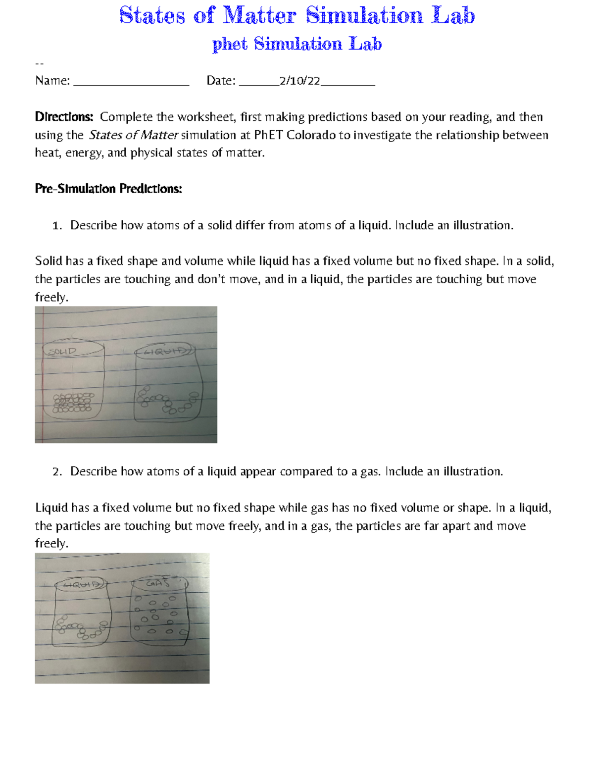 1.1.1 States of Matter Simulation Lab - phet Simulation Lab Name ...