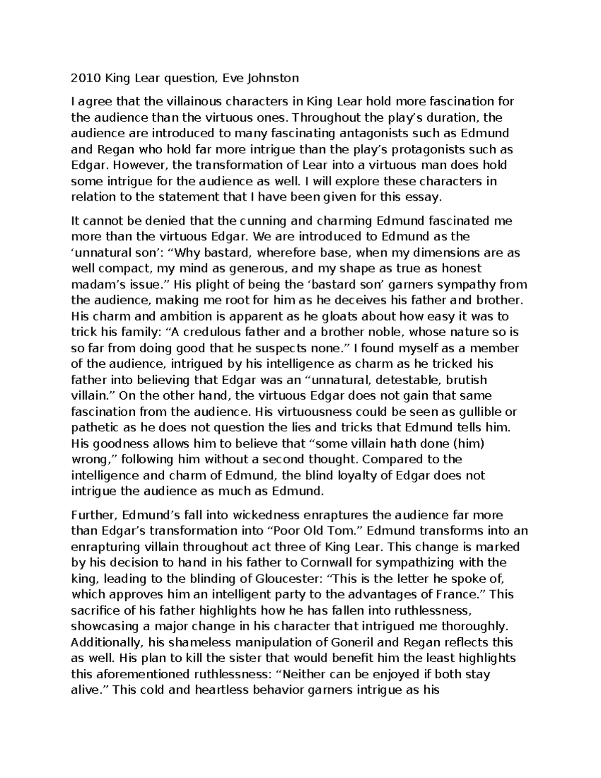 2010 King Lear Essay: The Allure of Villainy vs. Virtue - Studocu