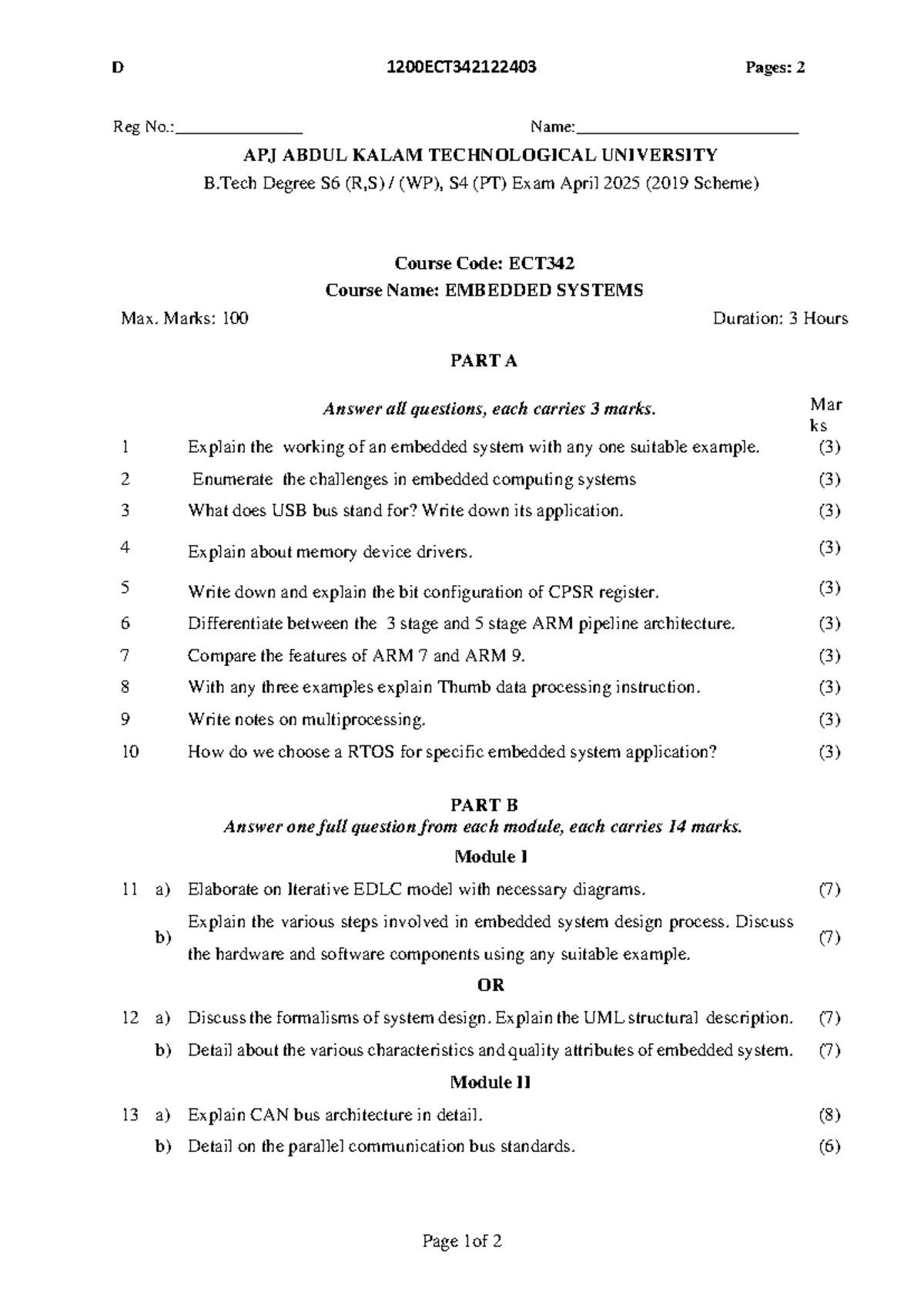 ECT342 Embedded Systems Exam Paper - April 2025 - Studocu