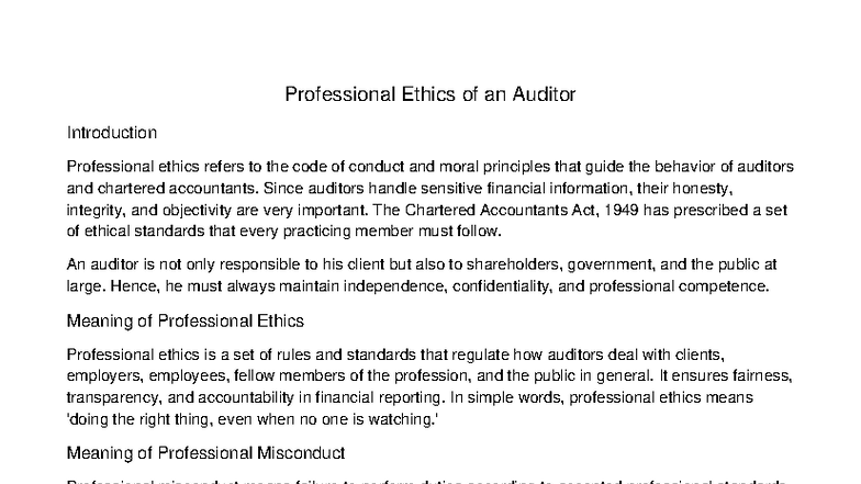 Professional Ethics of Auditors: Key Principles and Standards - Studocu