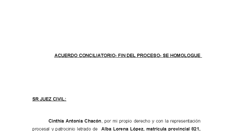 acuerdo desalojo - ACUERDO CONCILIATORIO- FIN DEL PROCESO- SE HOMOLOGUE ...