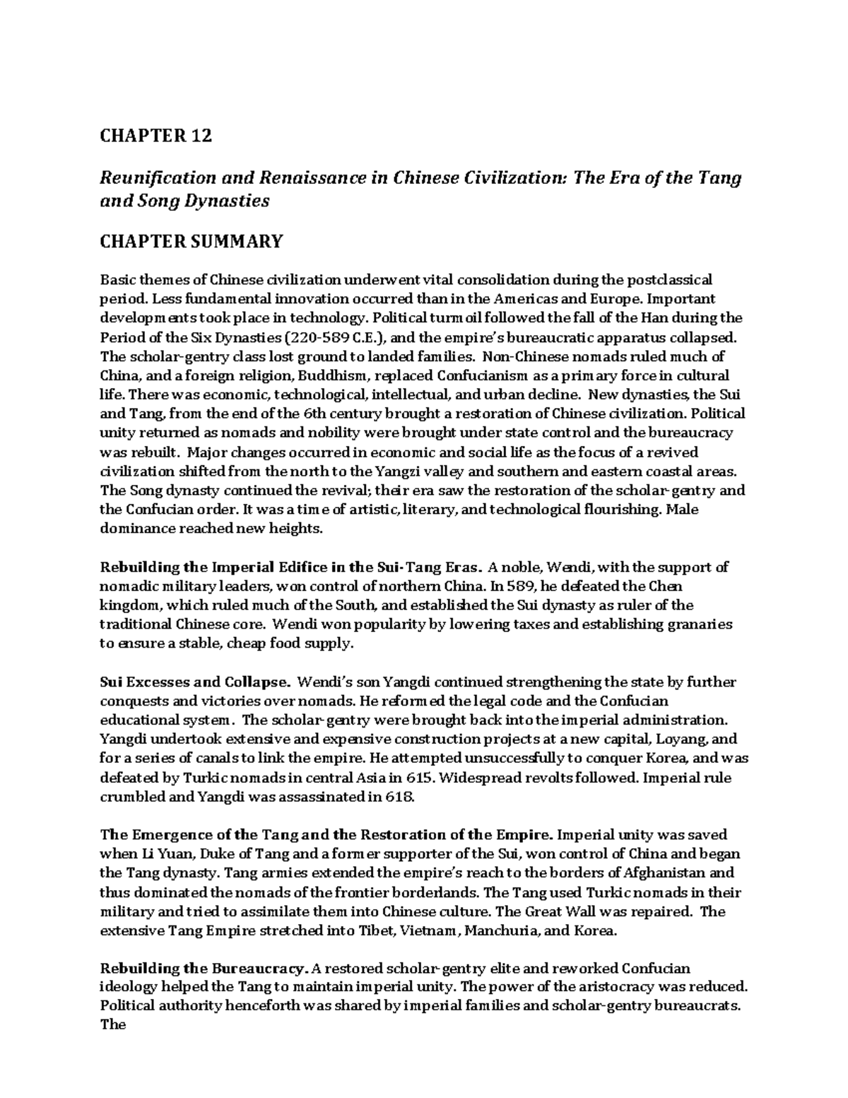 CHAPTER 12 Summary: Reunification & Renaissance in Tang-Song China ...