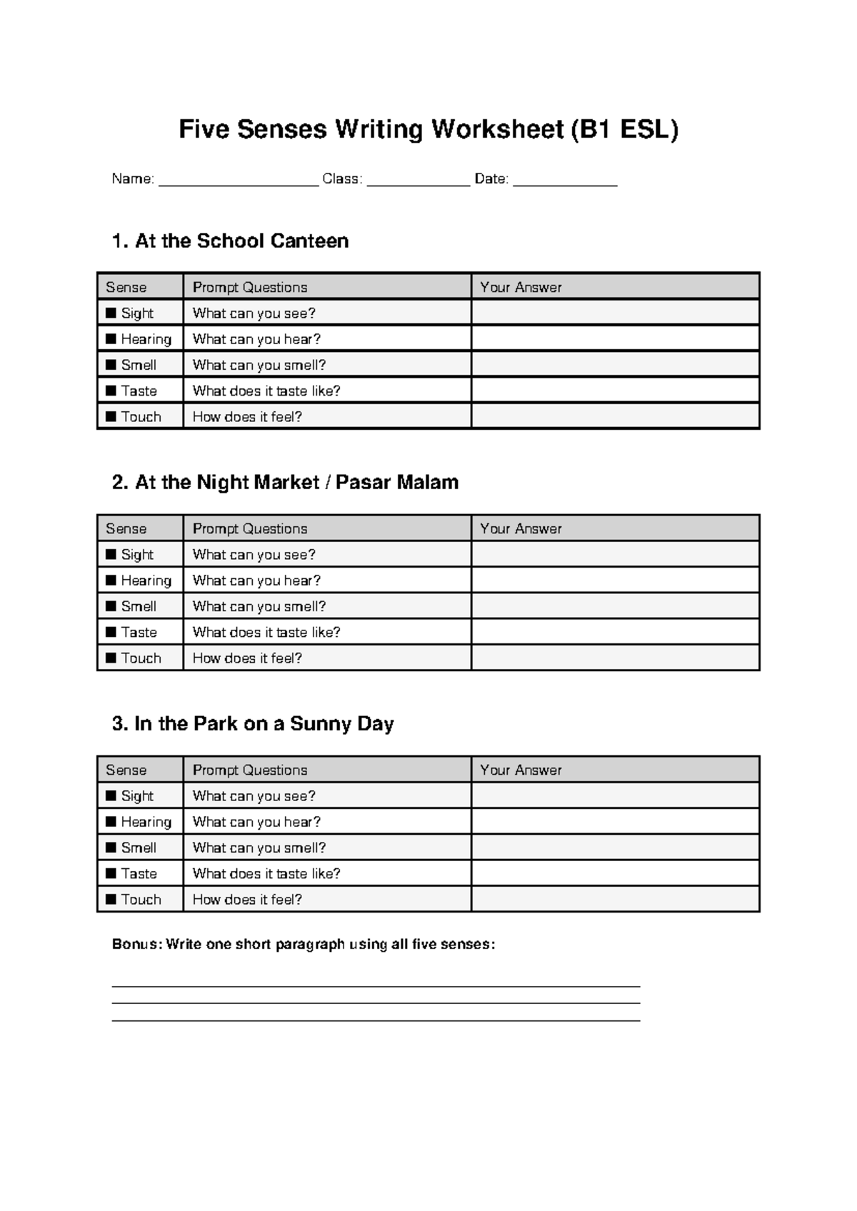 Five Senses Writing Worksheet (B1 ESL) - Studocu