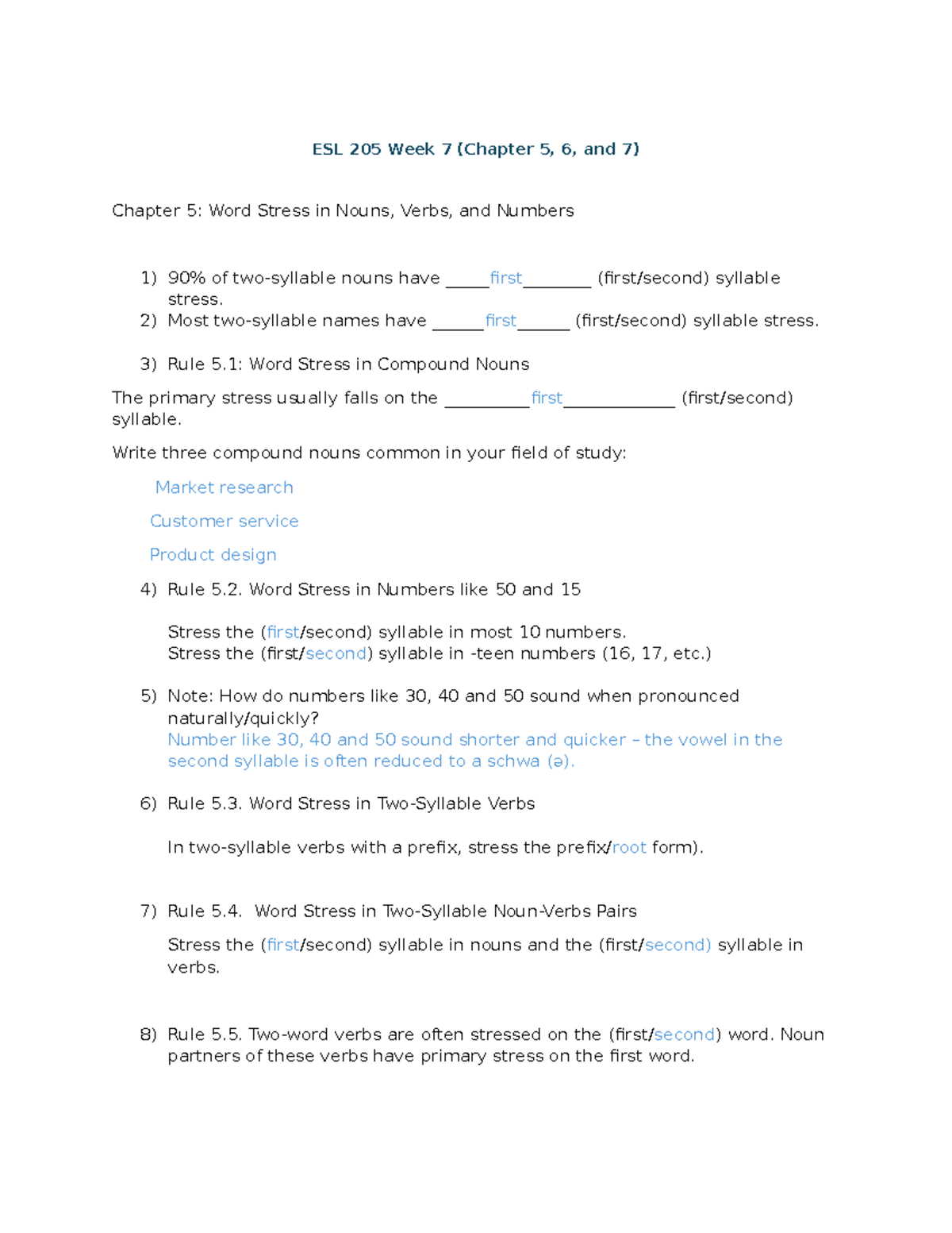 ESL 205 Week 7 Handout: Word Stress & Rhythm in Chapters 5-7 - Studocu