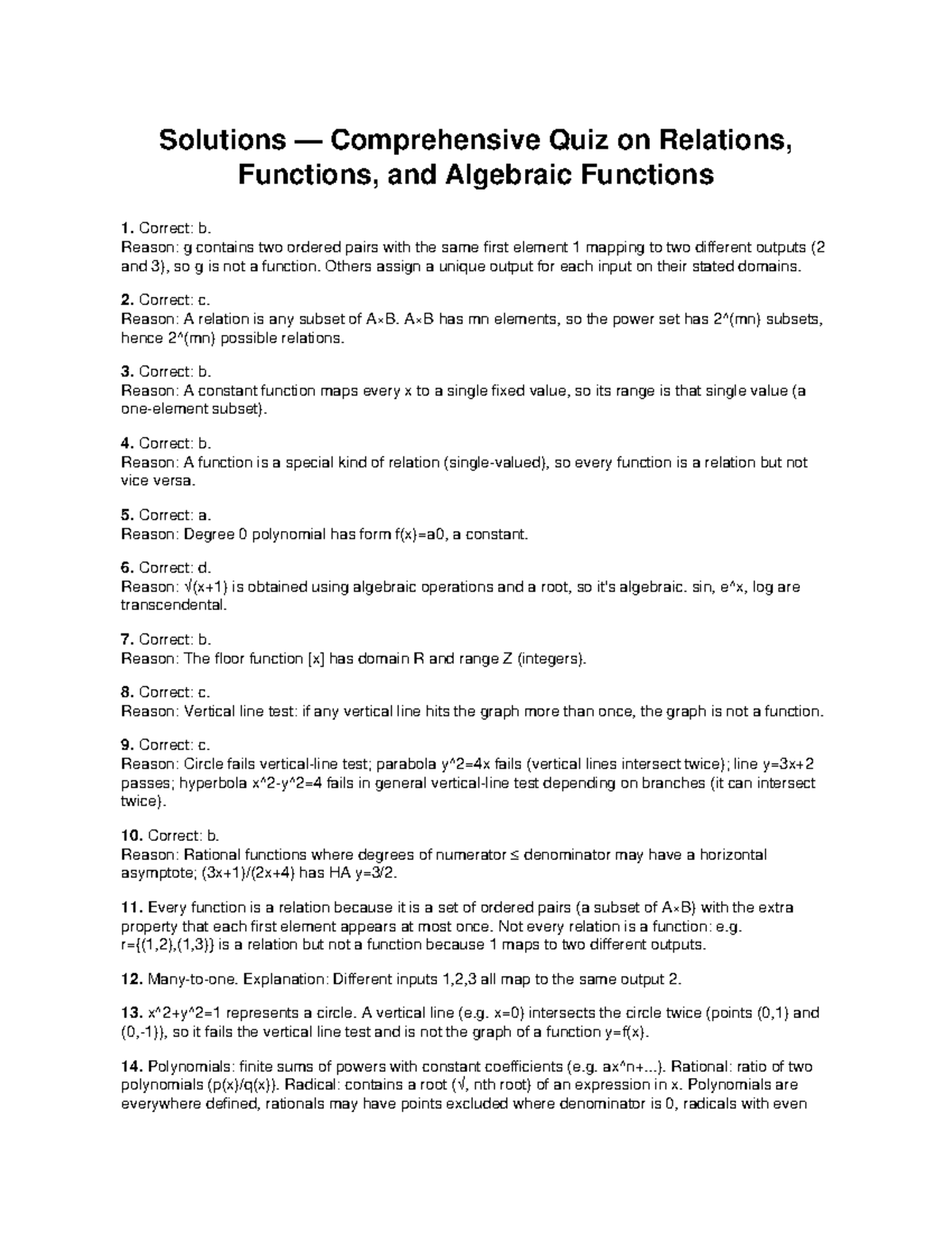 Functions Quiz Solutions: Comprehensive Answers on Relations and ...