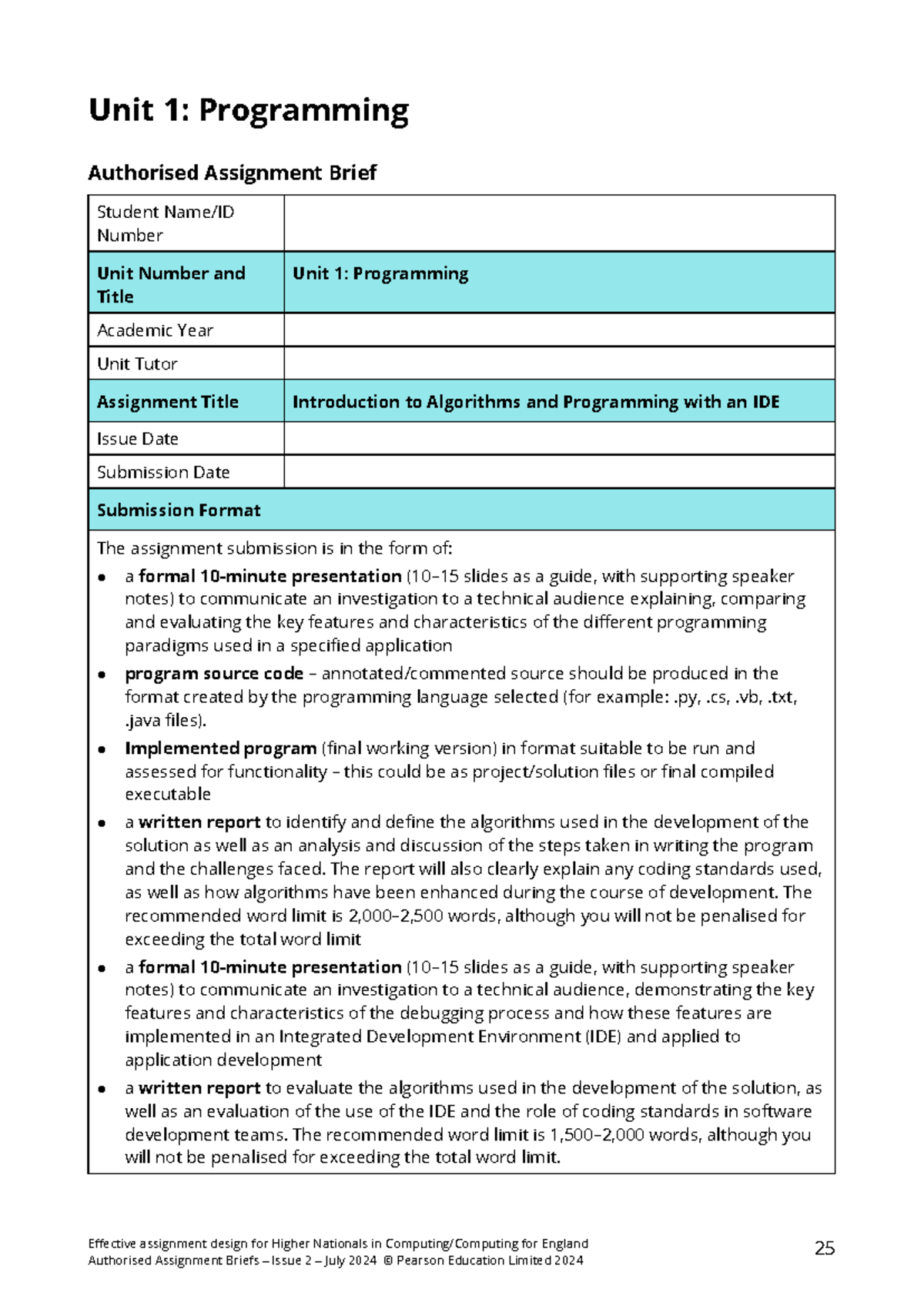 Unit 1: Programming - Introduction to Algorithms & Paradigms HND - Studocu