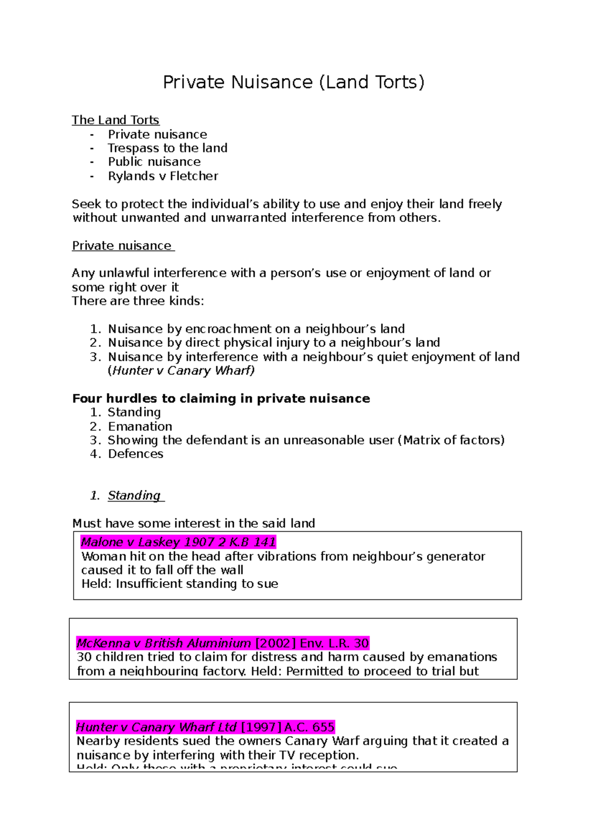 Private Nuisance: Understanding Land Tort Claims and Principles - Studocu