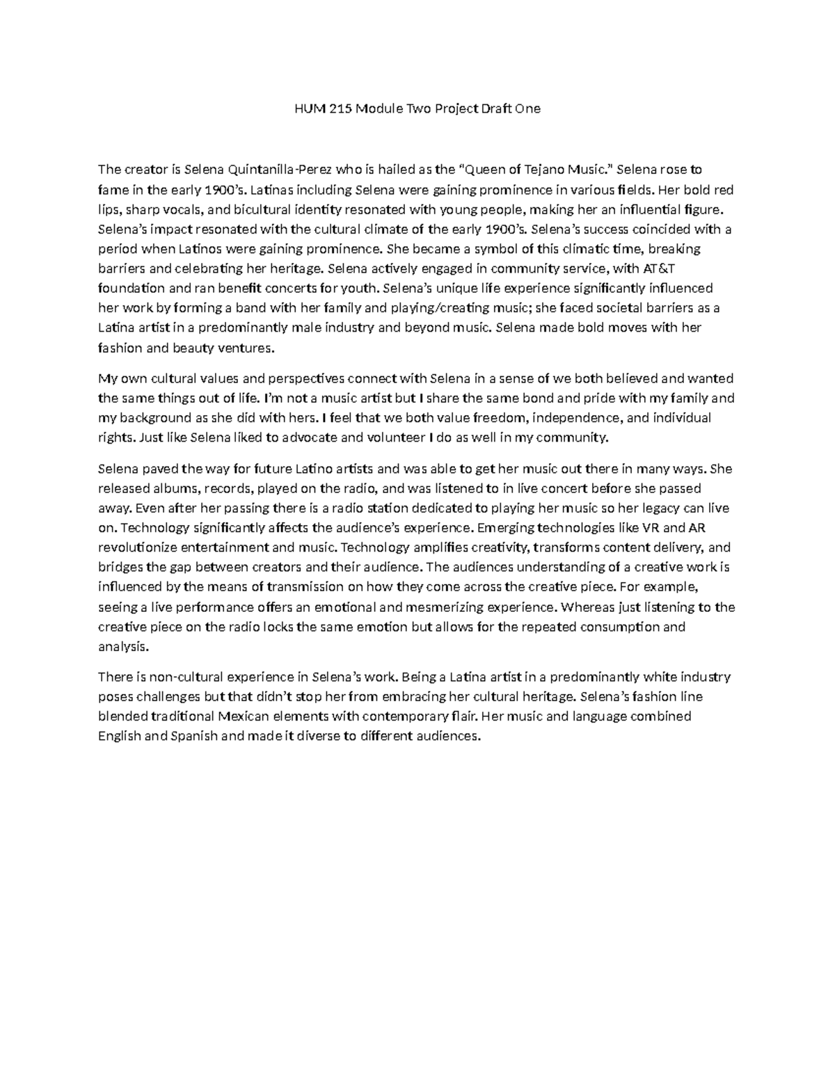 HUM 215 Project Draft: Exploring Selena Quintanilla's Cultural Impact ...