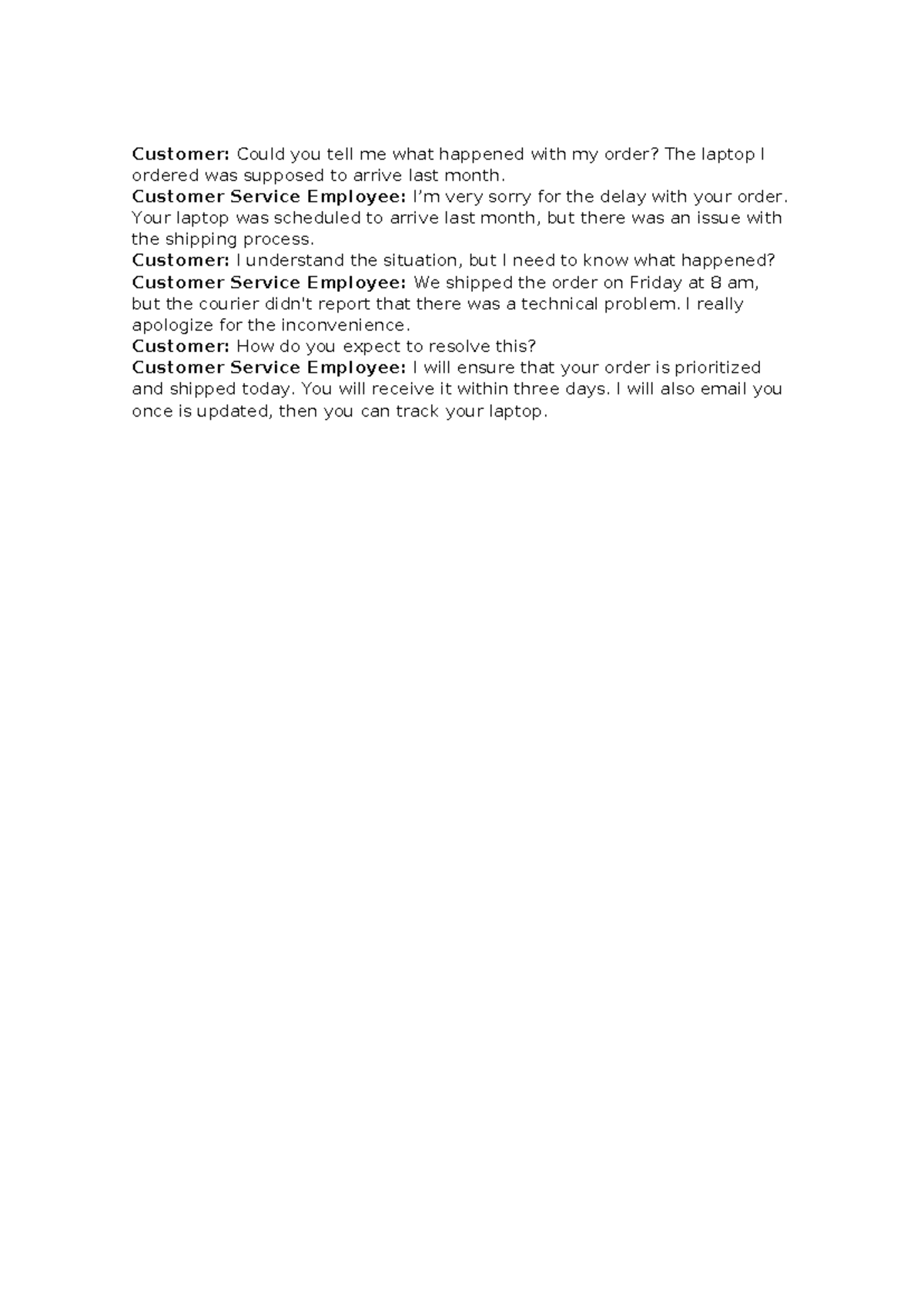 Business Interaction: Order Delay Resolution and Customer Support - Studocu