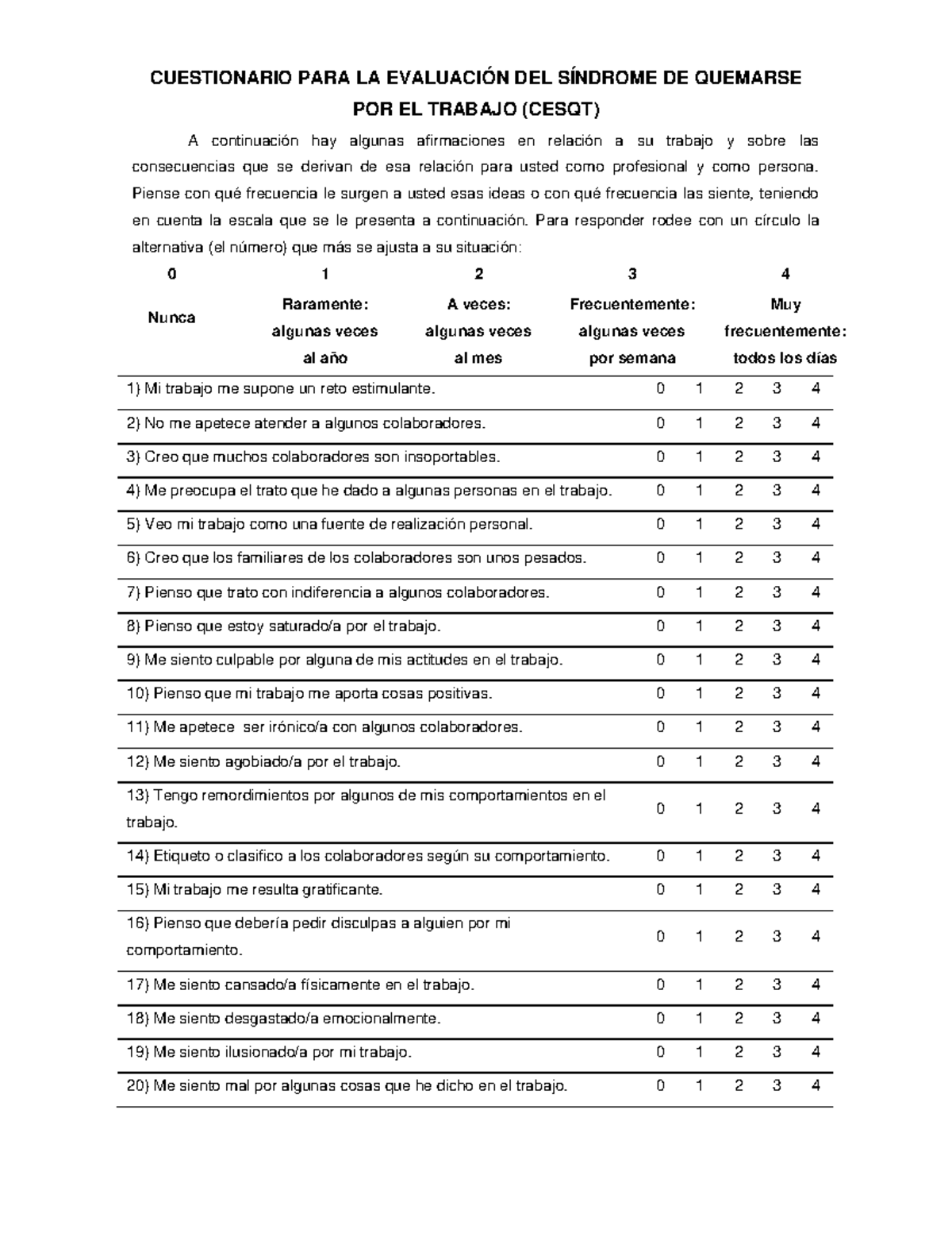 Cuestionario CESQT: Evaluación del Síndrome de Quemarse por el Trabajo ...