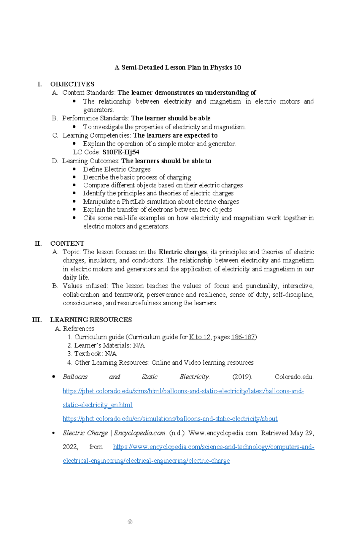Physics 10 Semi-Detailed Lesson Plan on Electric Charges and Magnetism ...