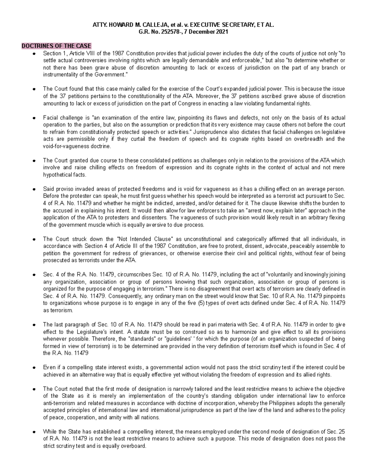 Calleja v Exec. Sec. G.R. No. 252578: Constitutionality of ATA Examined ...