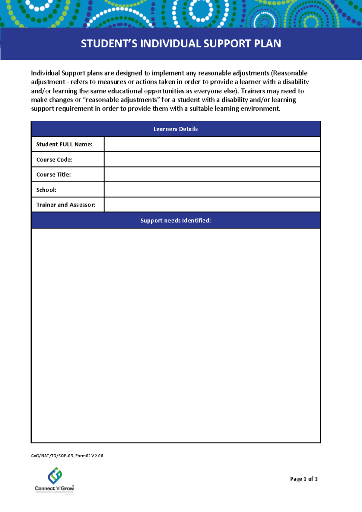 Student-s Individual Support Plan V1.01 - CnG/NAT/TD/SOP- 03 _Form 02 ...