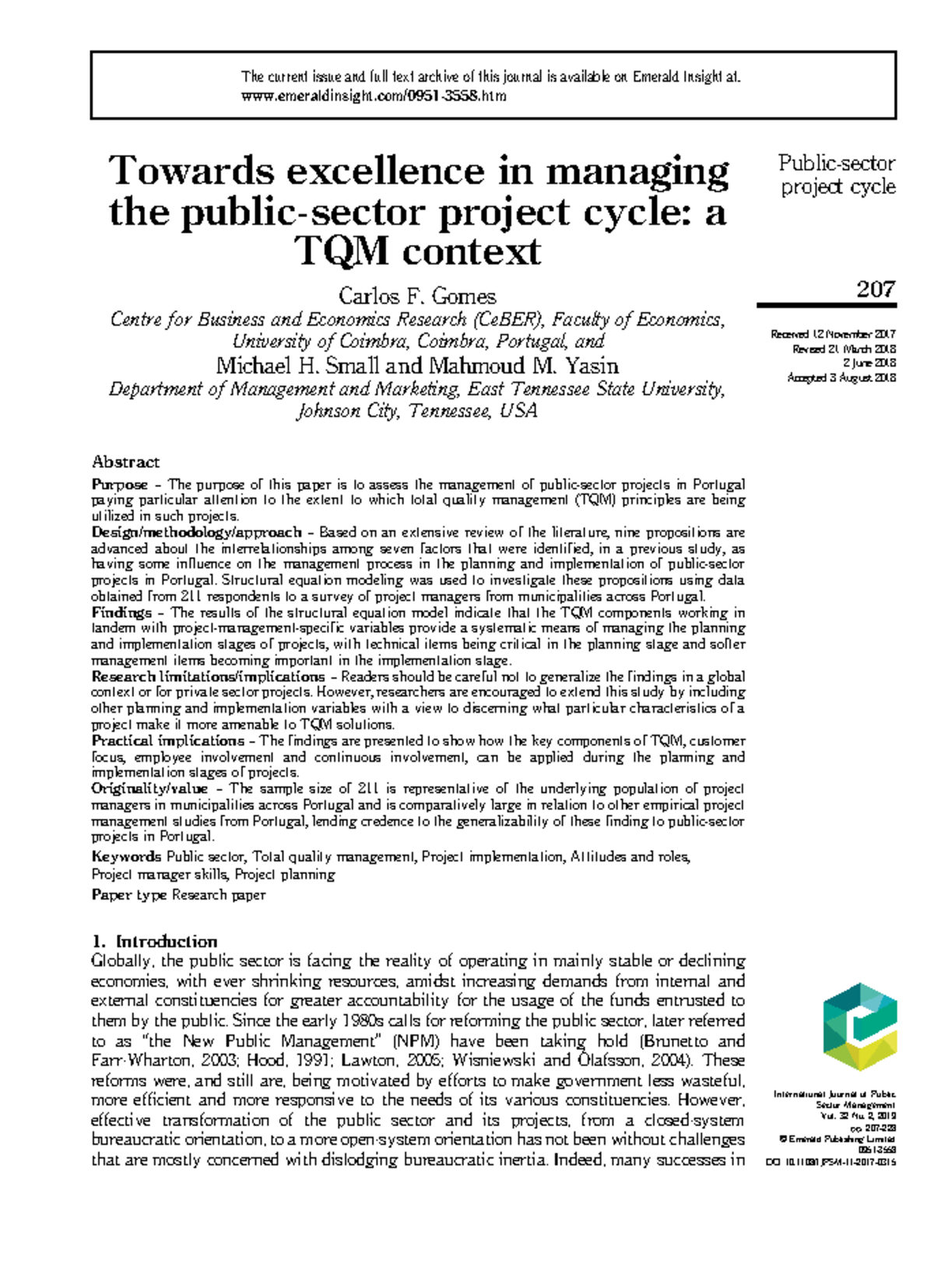 Public Sector Project Cycle: TQM Principles in Management - Studocu