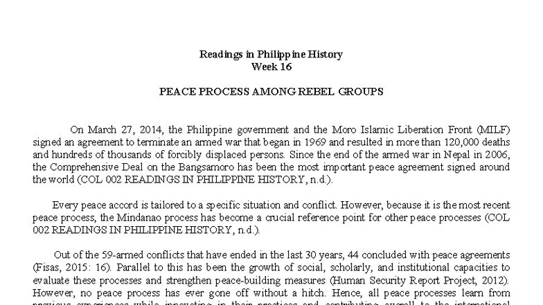 WEEK 16 READINGS IN PH HISTORY: The Mindanao Peace Process - Studocu