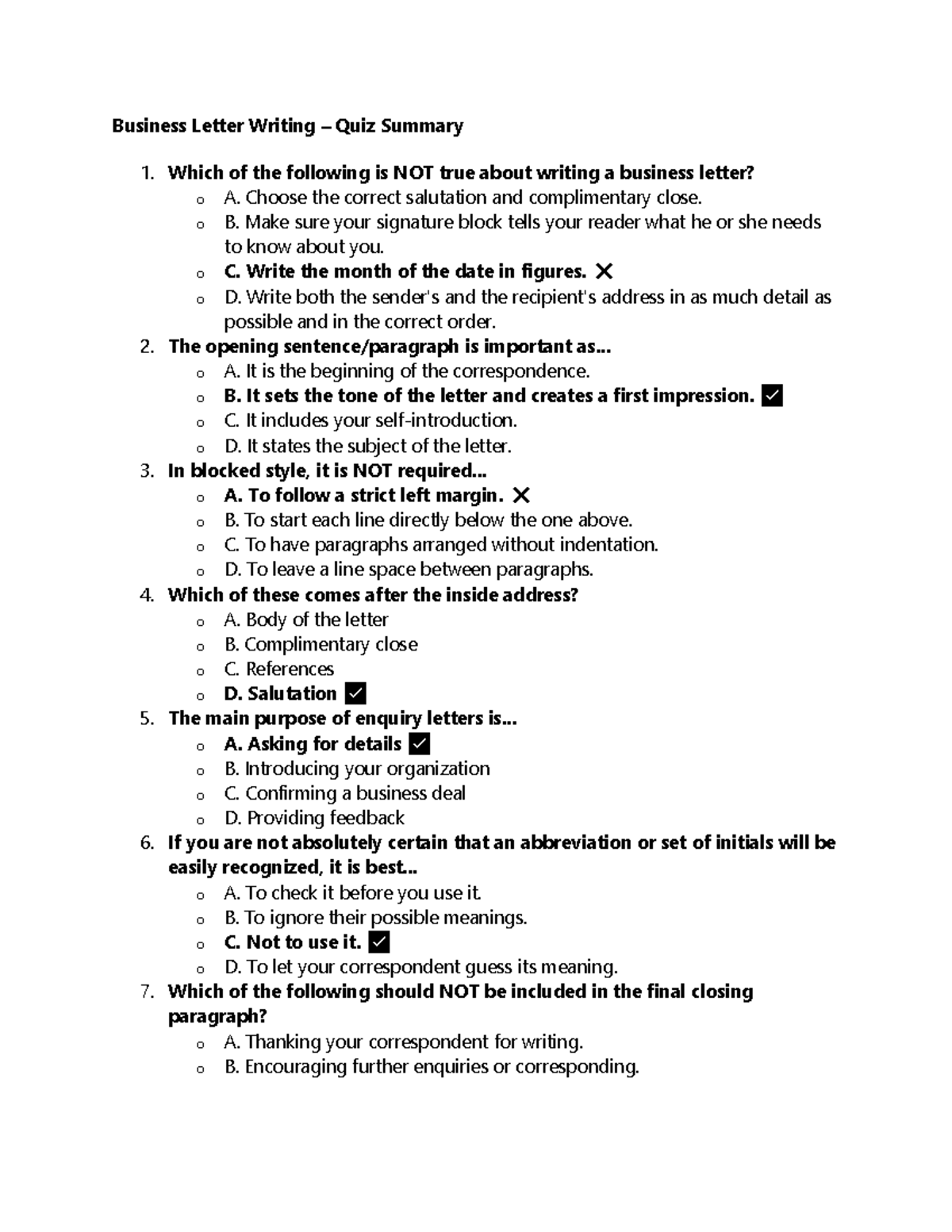 BUS 101: Business Letter Writing Quiz Summary and Study Notes - Studocu