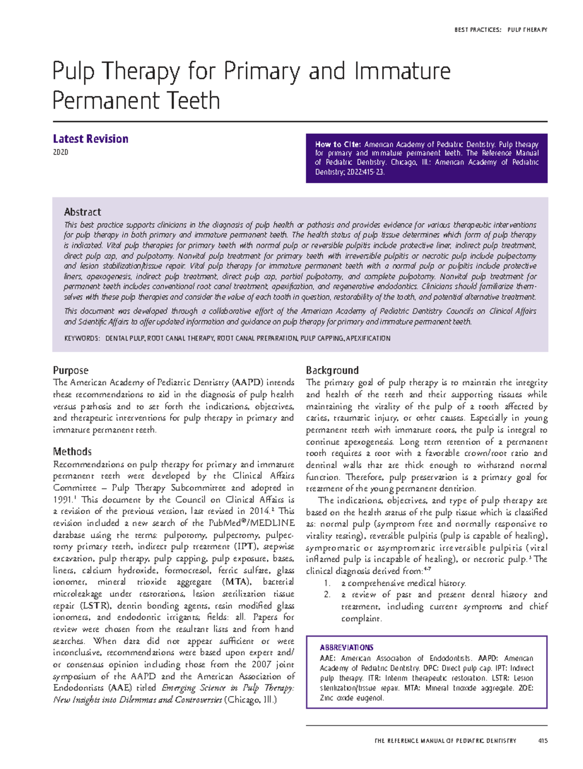 Best Practices in Pulp Therapy for Primary & Immature Teeth (BP) - Studocu