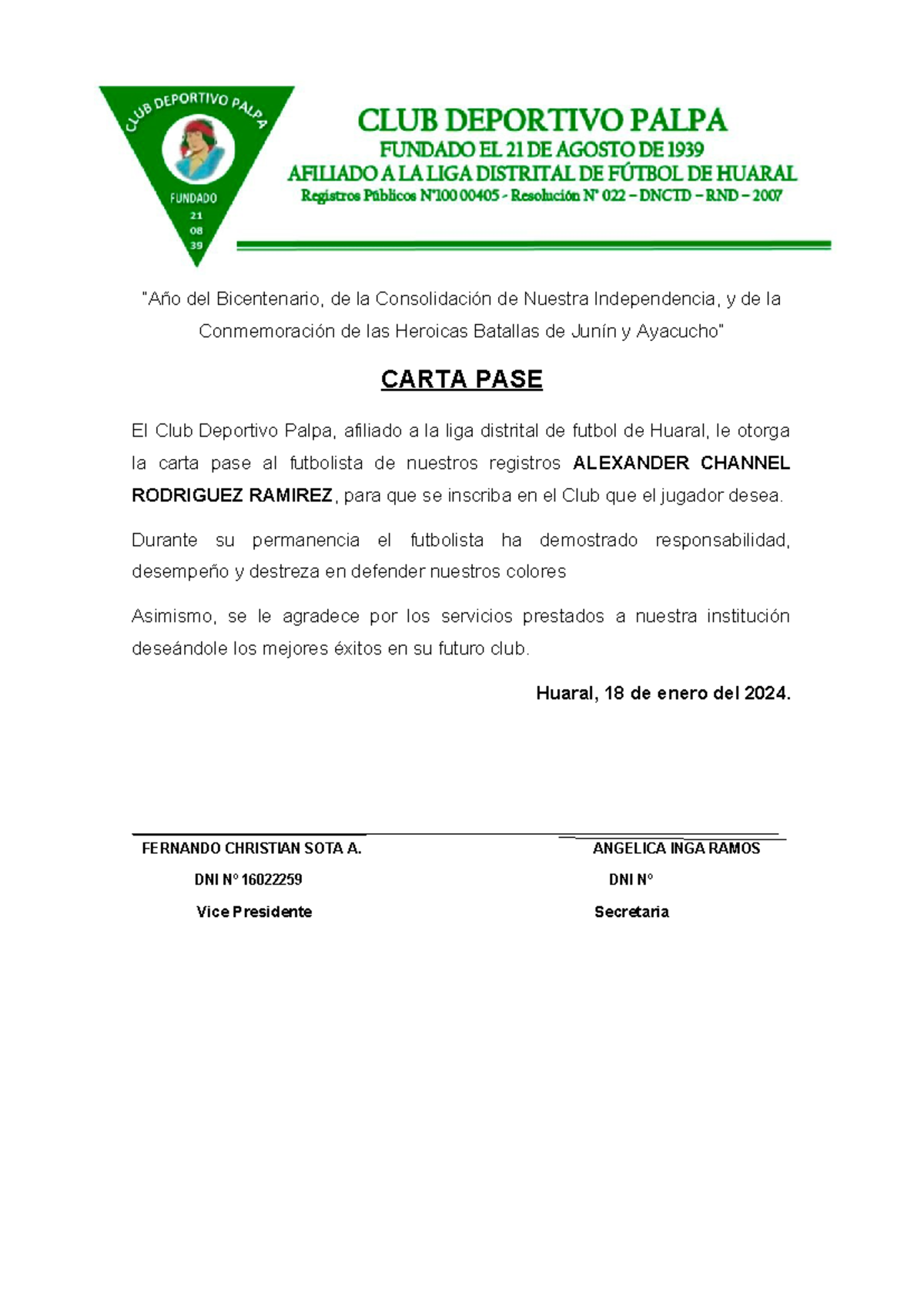 Carta Pase para Alexander Channel Rodríguez - Club Deportivo Palpa ...