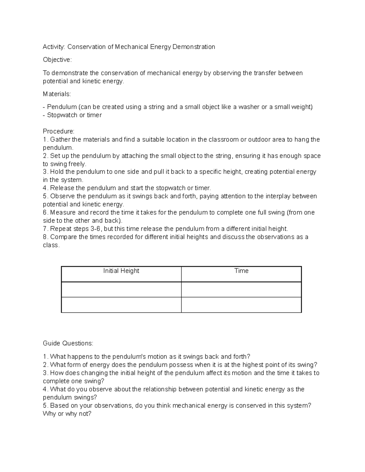 Conservation of Mechanical Energy Activity Sheet (CO) - Studocu