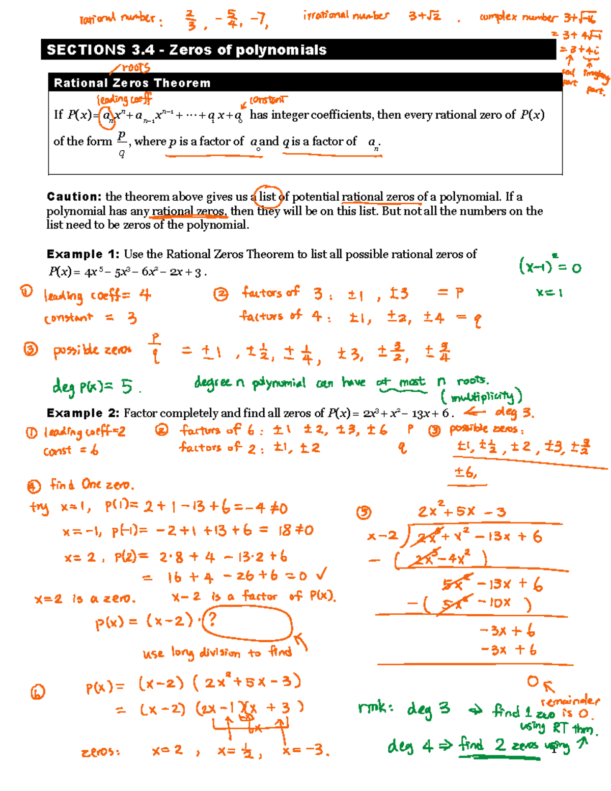 120 15F notes 3 - Chapter 3.4 Review - SECTIONS 3 - Zeros of ...