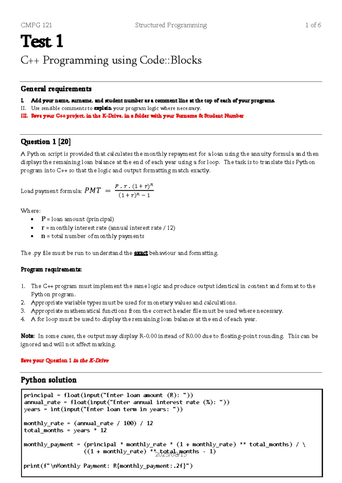 CMPG 121 Test 1: Structured Programming Loan & Gym Fee Management - Studocu
