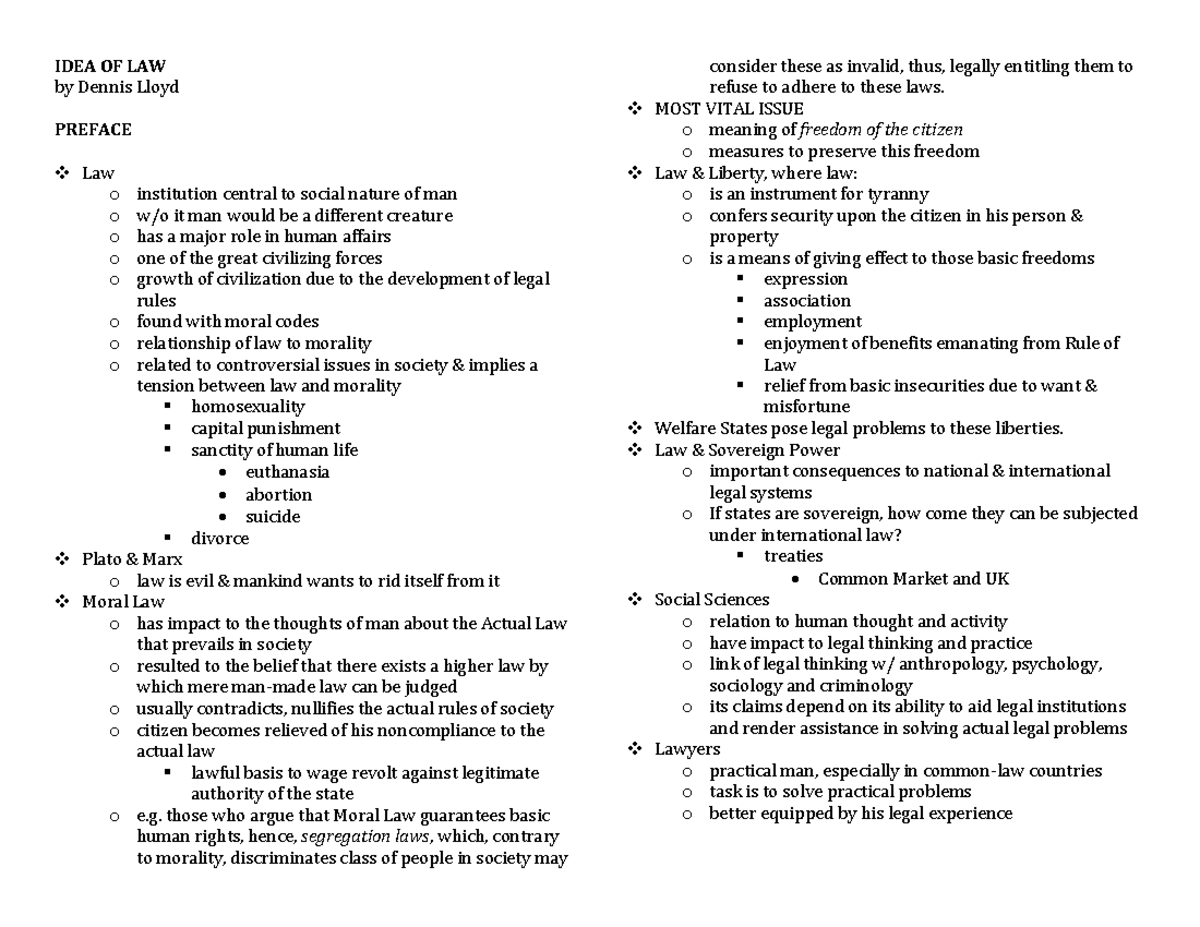 228097965 Comprehensive Notes on "Idea of Law" by Dennis Lloyd - Studocu