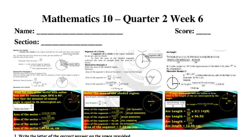 Mathematics 10 Lecture on Circles - Quarter 2 Week 6 - Studocu
