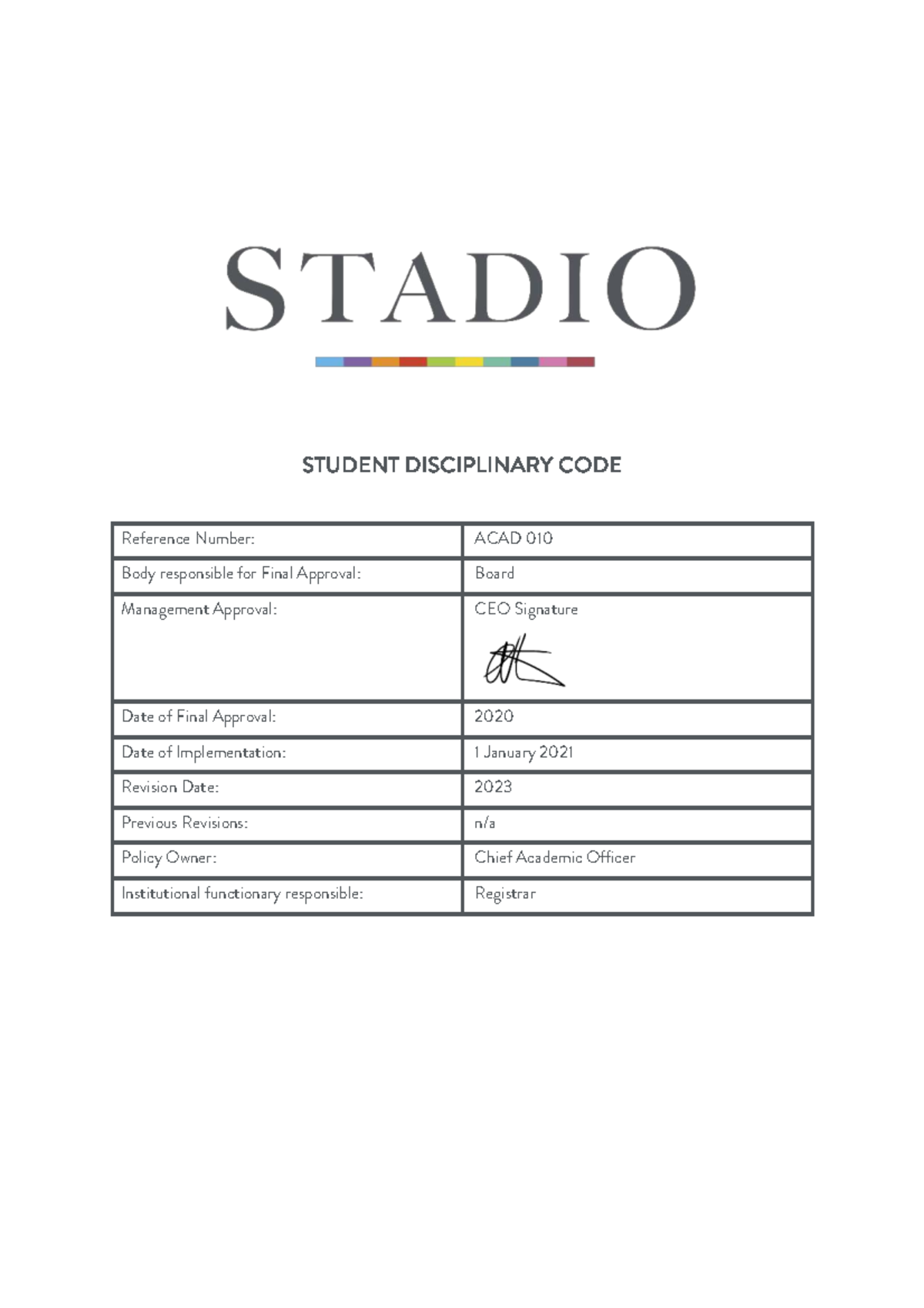 STADIO Student Disciplinary Code: Guidelines and Procedures (2023 ...