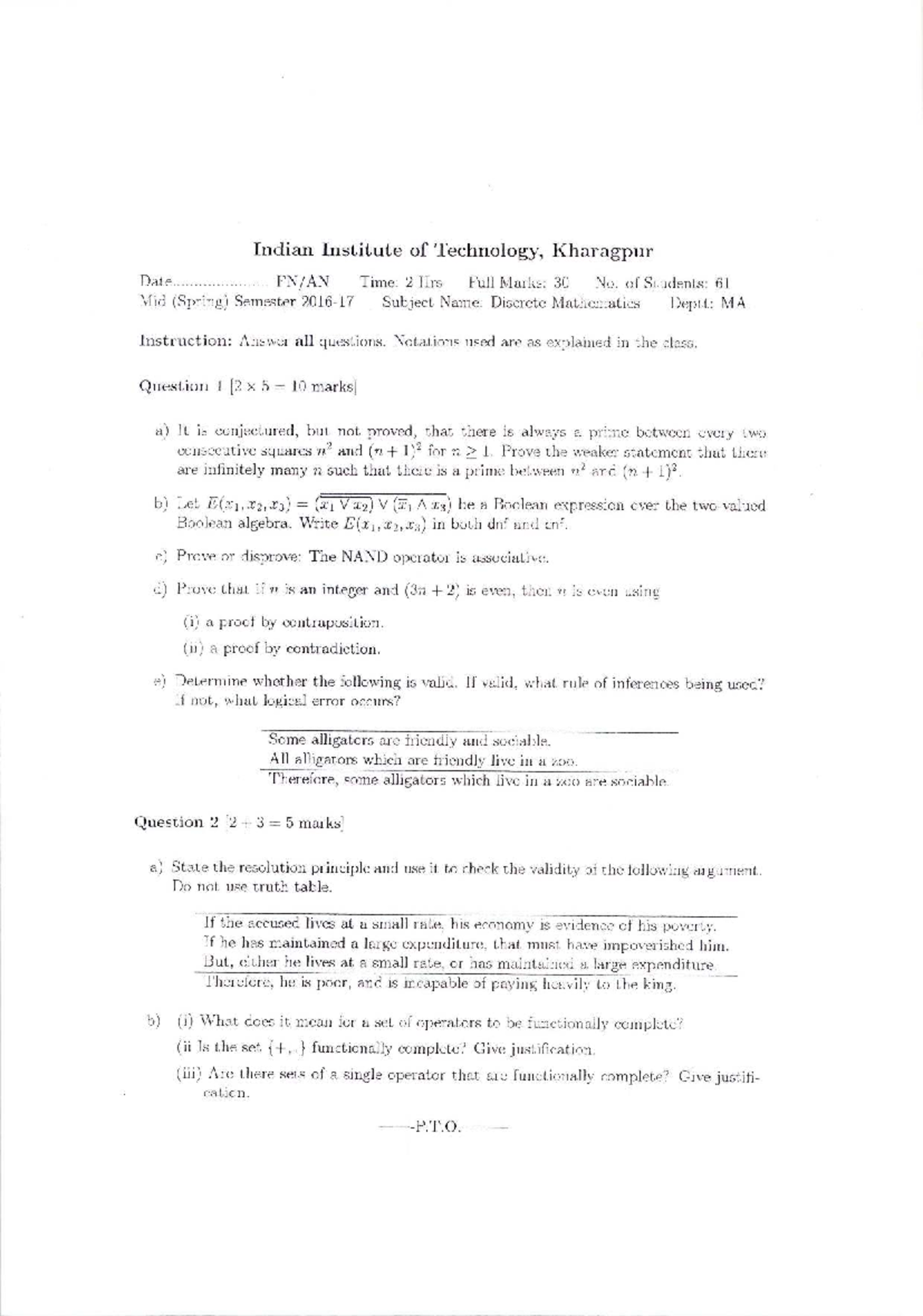 MA Discrete Mathematics 2017 Mid Exam Questions and Solutions - Studocu