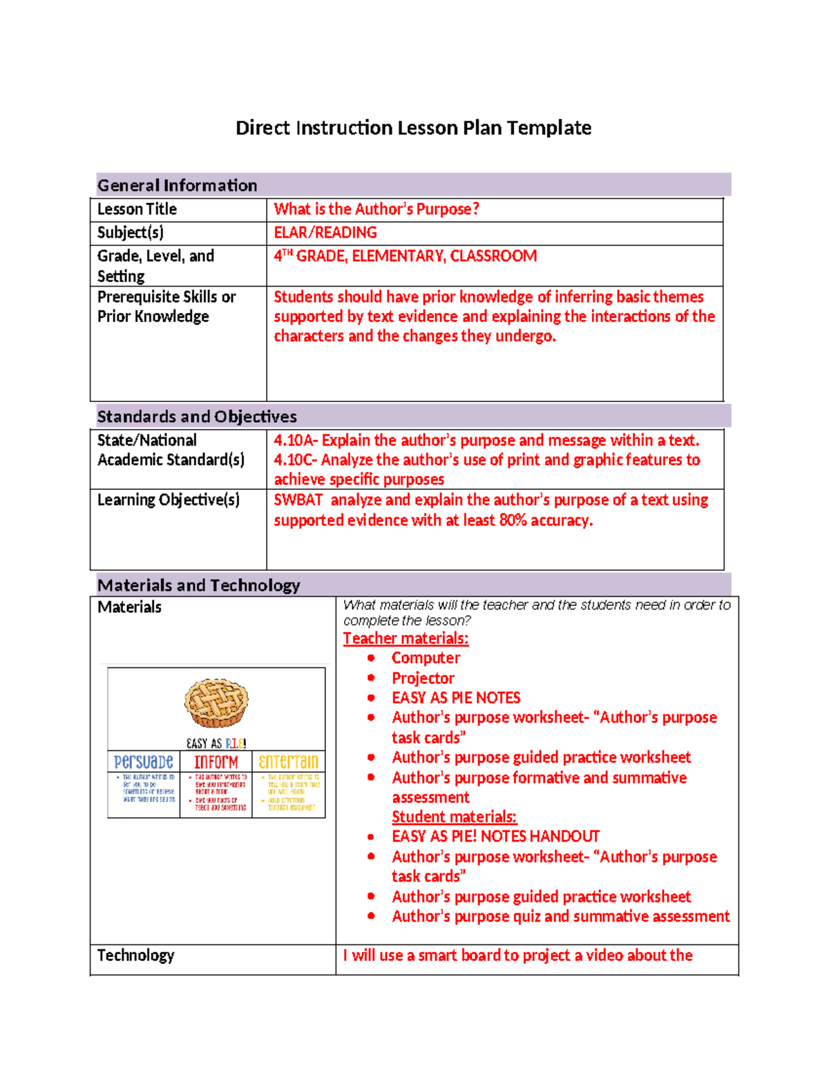 Reading intervention methods lp - Direct Instruction Lesson Plan ...